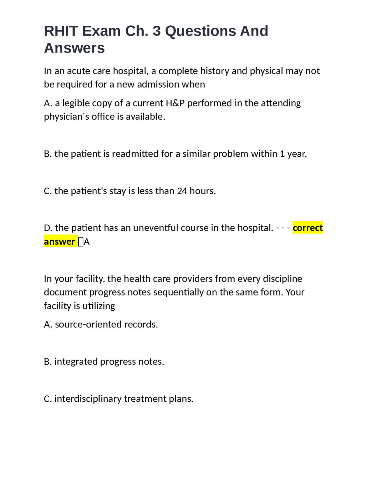 RHIT Exam Ch. 3 Questions And Answers | Exams Medicine | Docsity