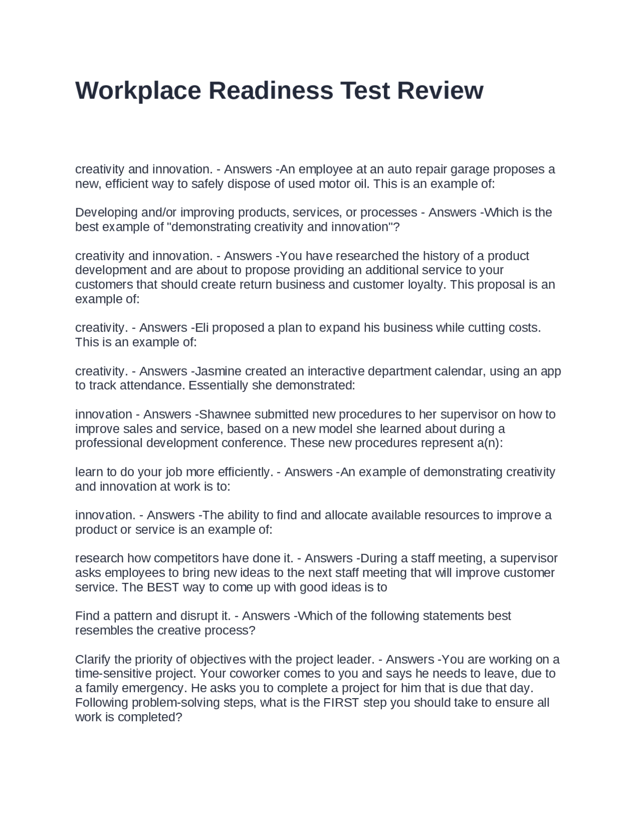 Workplace Readiness Test Review Questions and Answers | Exams Advanced ...