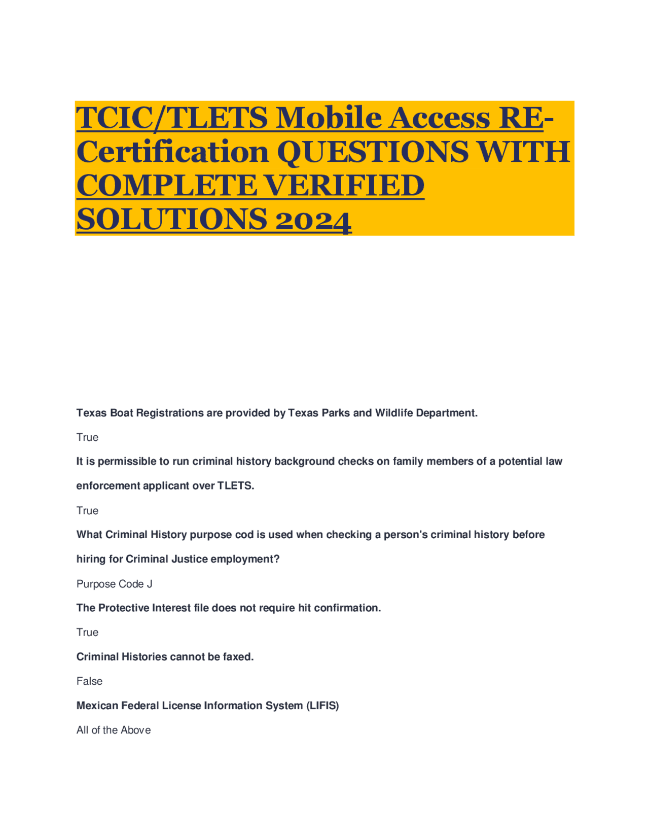 TCIC/TLETS Mobile Access RECertification QUESTIONS WITH COMPLETE ...