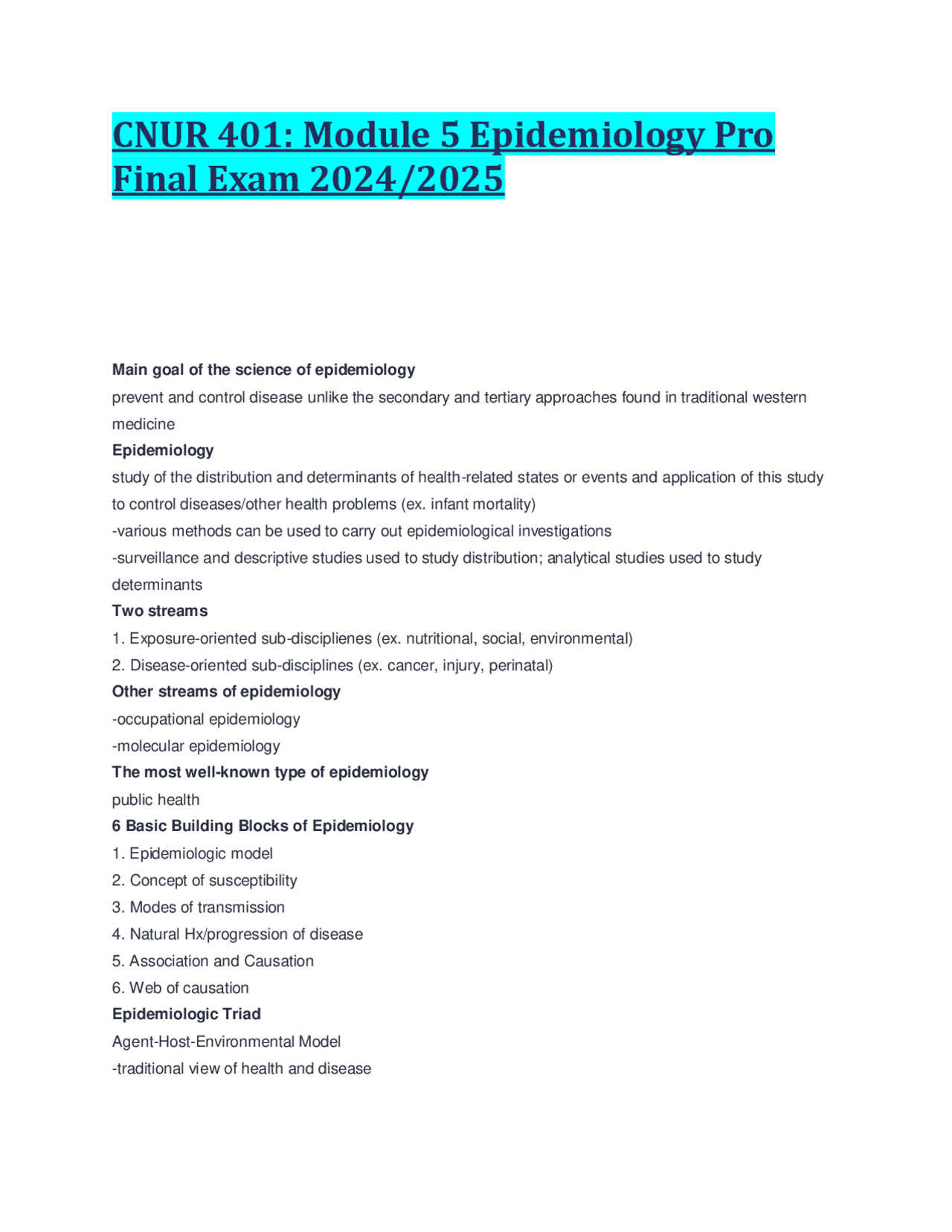 CNUR 401: Module 5 Epidemiology Pro Final Exam 2024/2025 | Exams Health ...