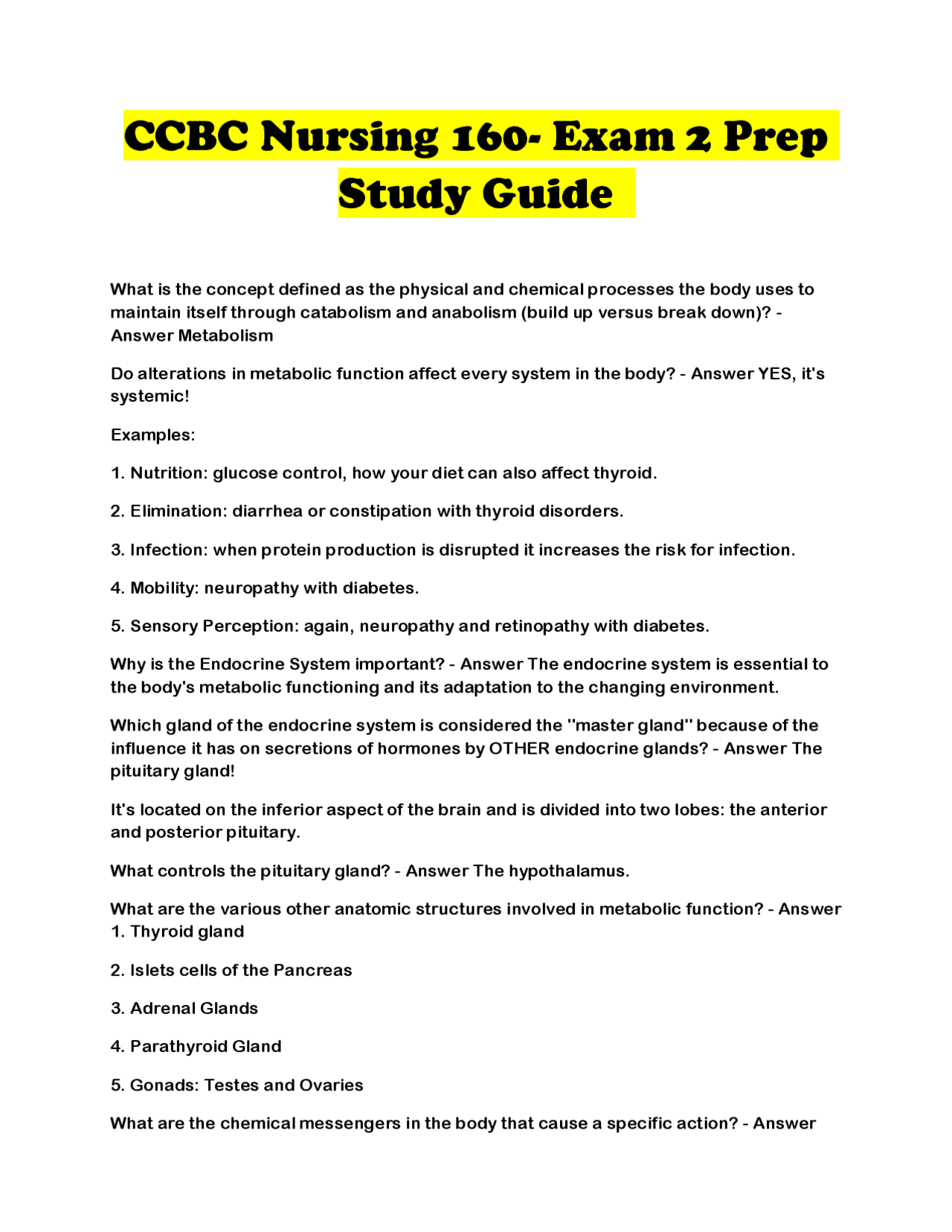 CCBC Nursing 160- Exam 2 Prep Study Guide | Exams Nursing | Docsity