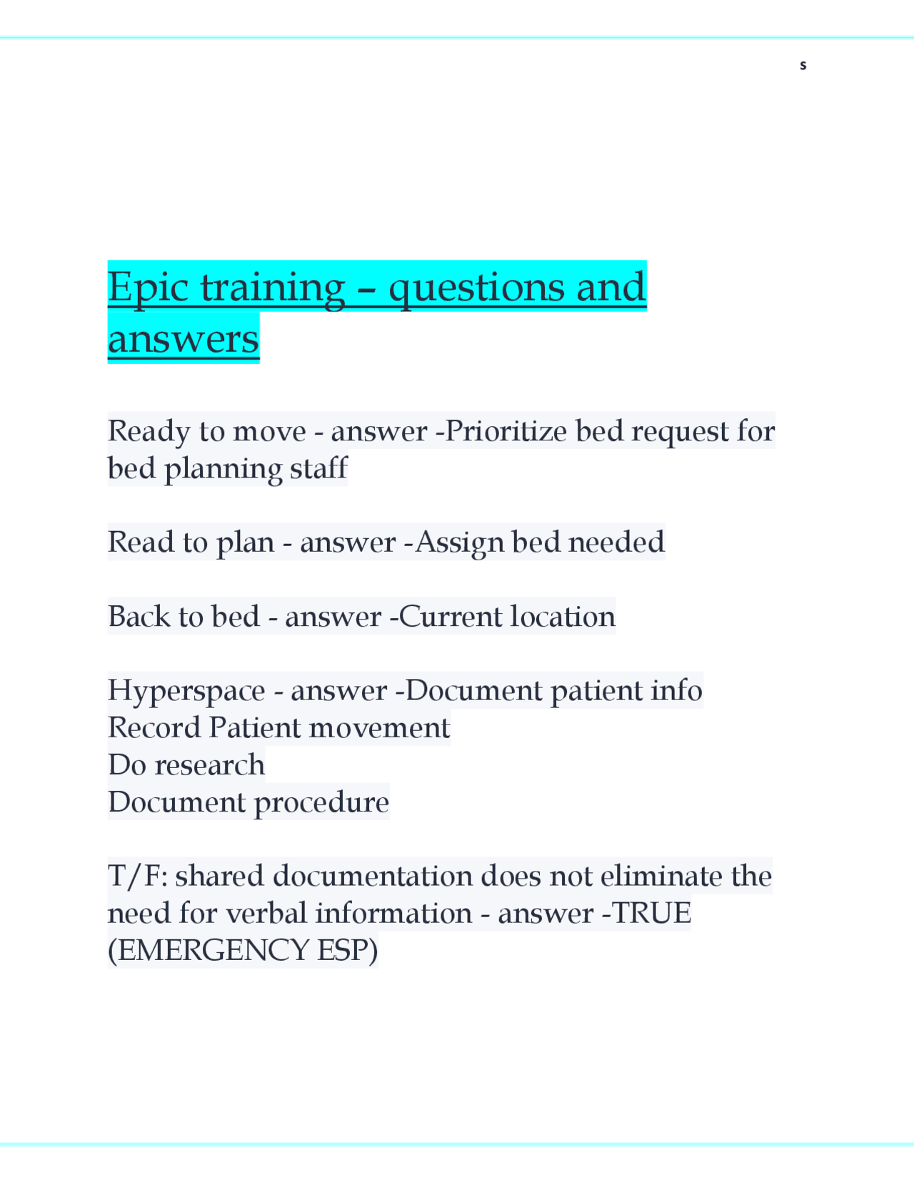 Epic training – questions and answers .pdf | Exams Nursing | Docsity