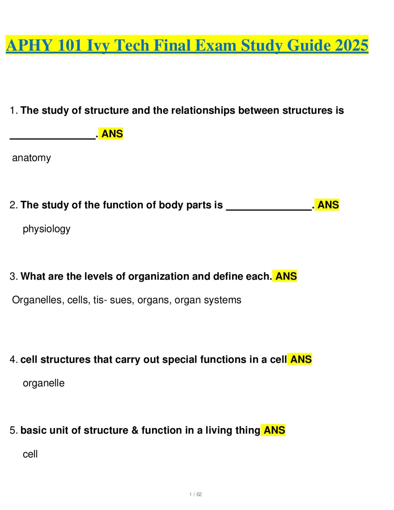 APHY 101 Ivy Tech Final Exam Study Guide 2025 | Exams Nursing | Docsity
