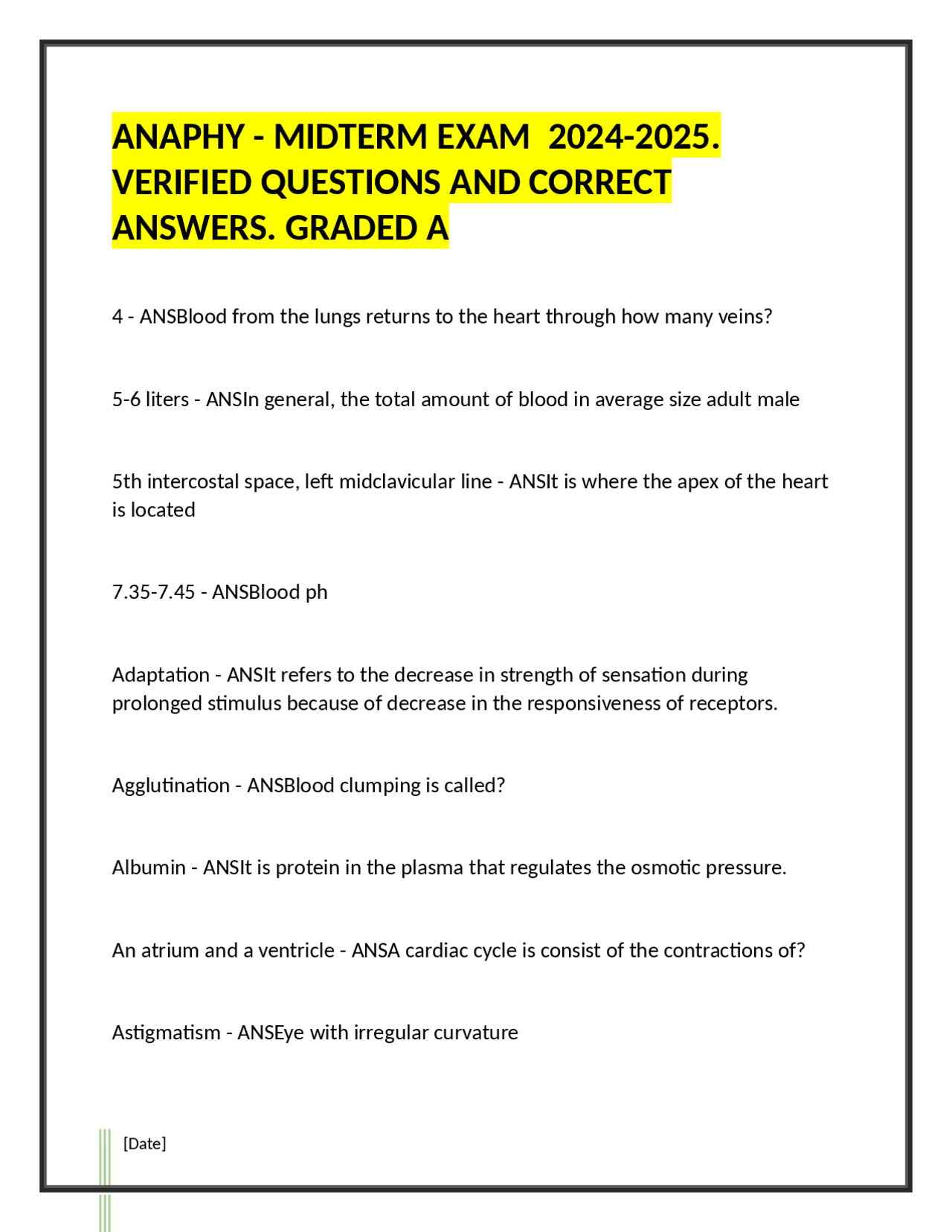 ANAPHY - MIDTERM EXAM 2024-2025. VERIFIED QUESTIONS AND CORRECT ANSWERS ...