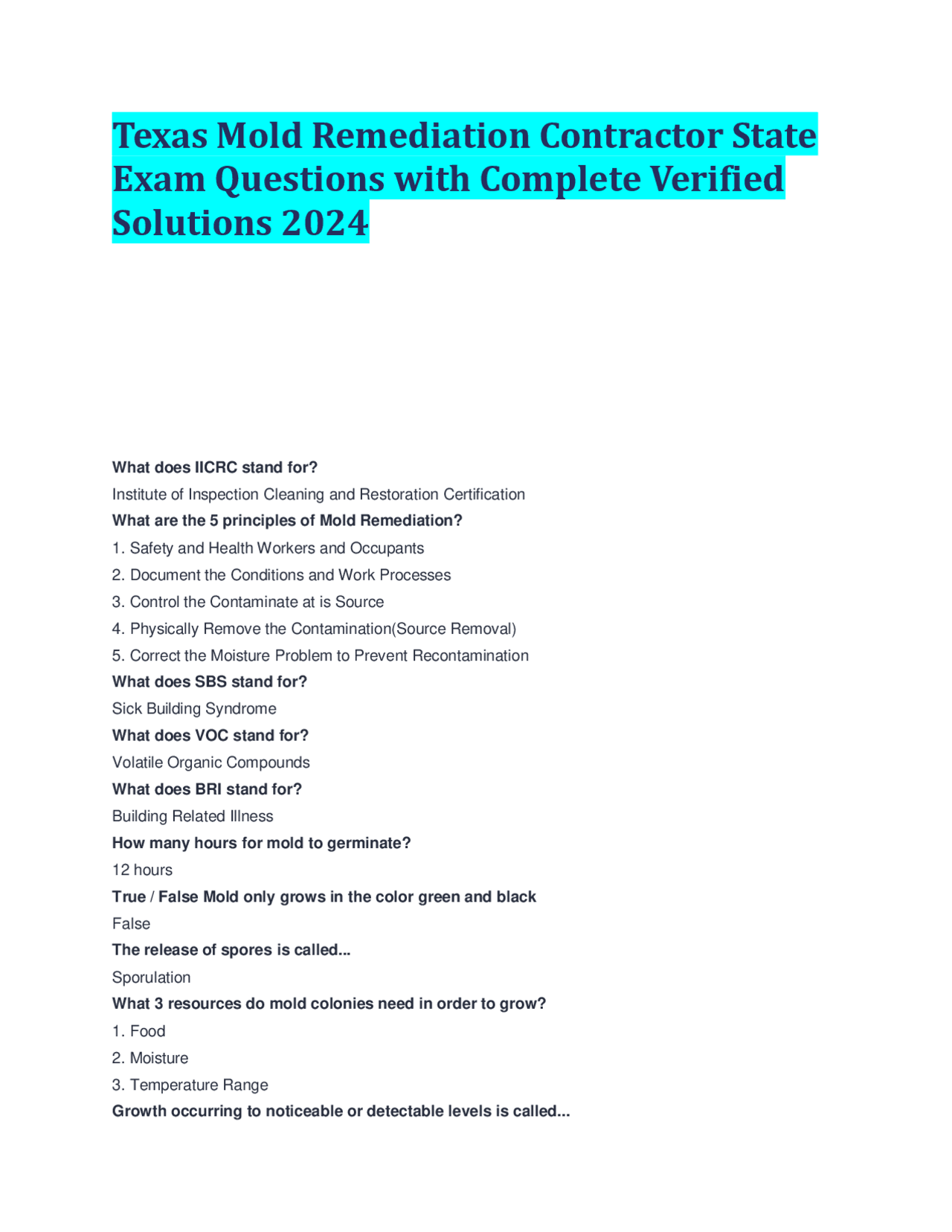 Texas Mold Remediation Contractor State Exam Questions and Answers 2024 ...