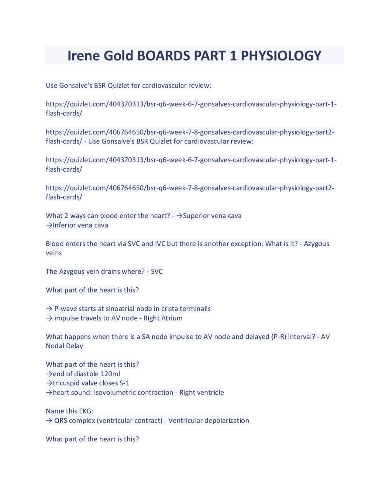 Irene Gold BOARDS PART 1 PHYSIOLOGY | Exams Physiology | Docsity