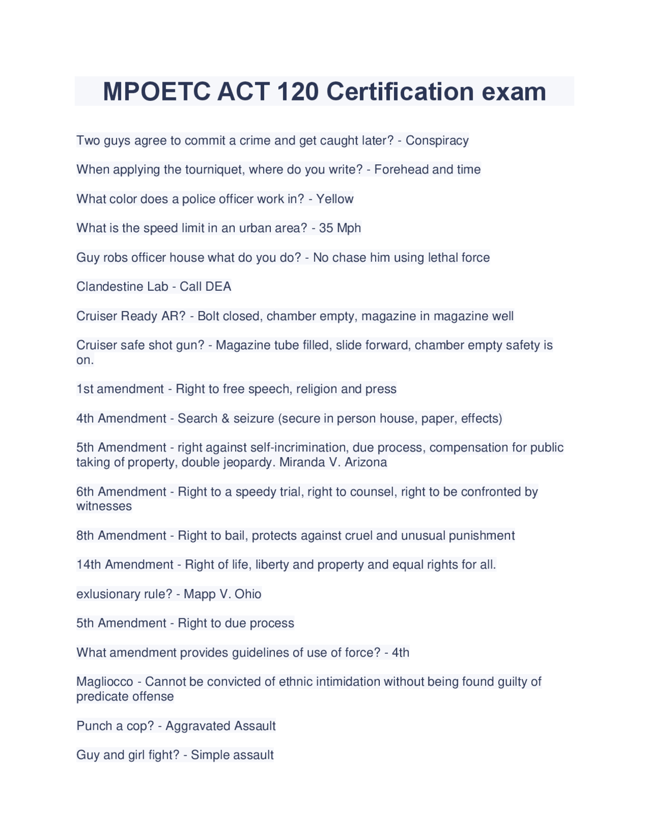 MPOETC ACT 120 Certification Exam Questions and Answers | Exams ...