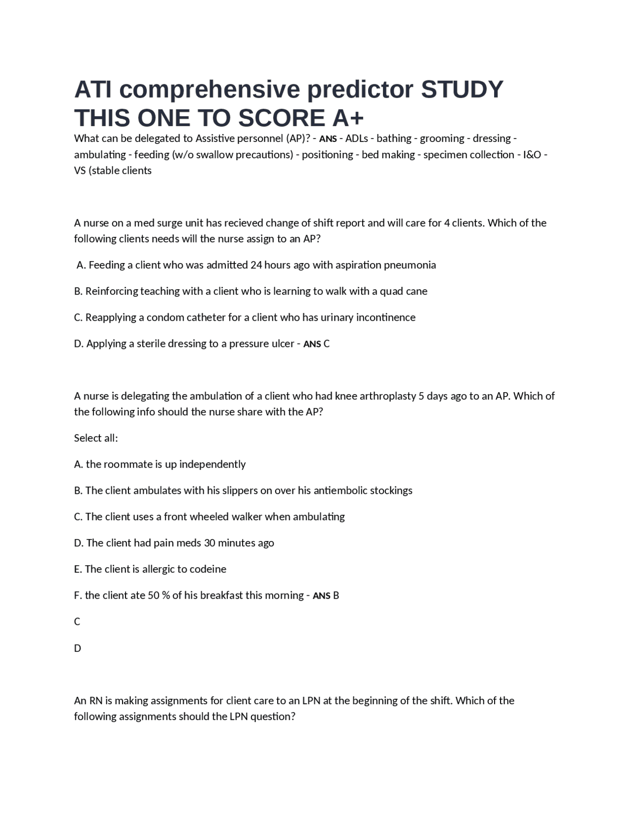 ATI comprehensive predictor STUDY THIS ONE TO SCORE A+. 200 Questions ...