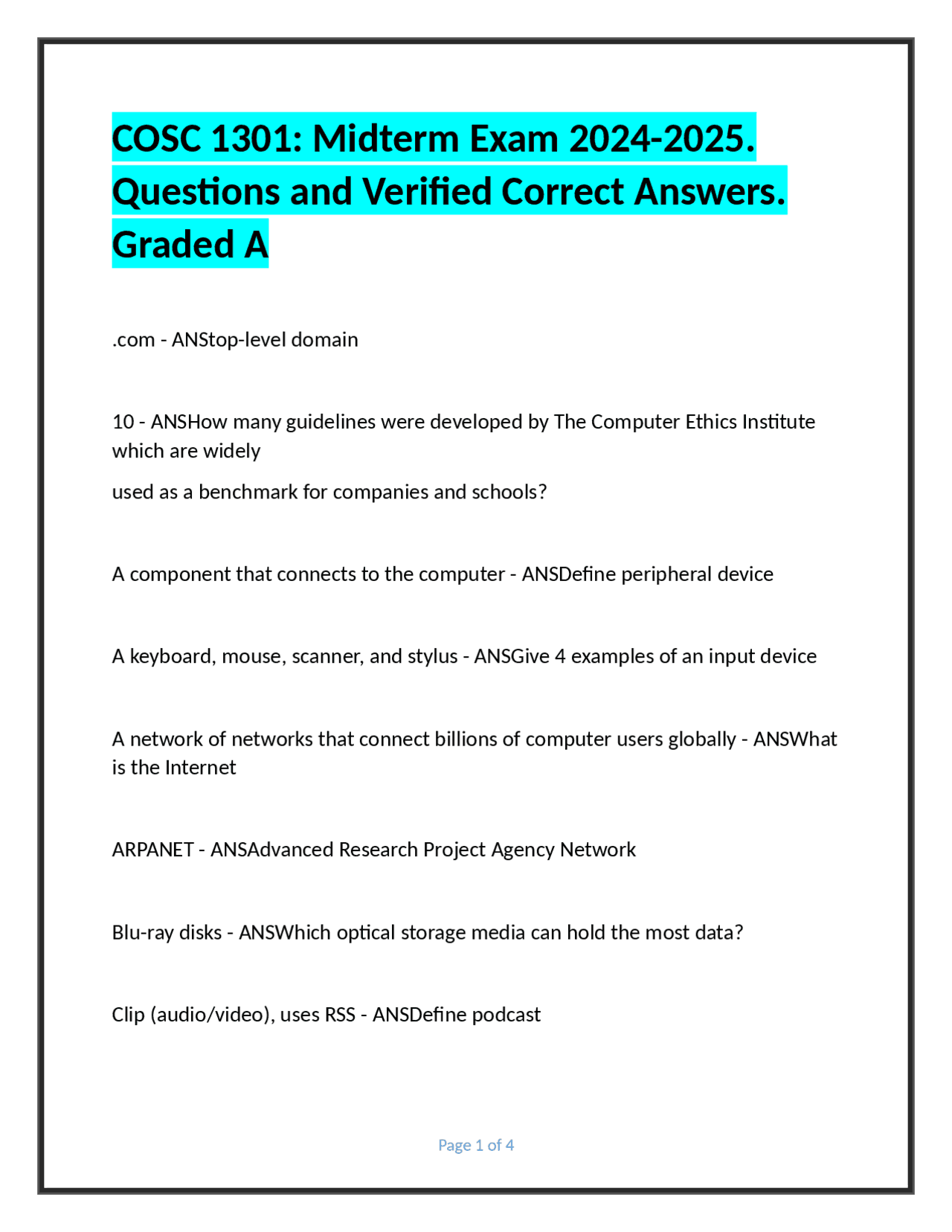 COSC 1301: Midterm Exam 2024-2025. Questions and Verified Correct Answers. Graded A | Exams ...
