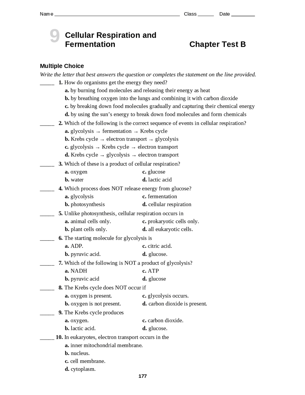 cellular respiration and fermentation chapter test b | Quizzes Biology ...