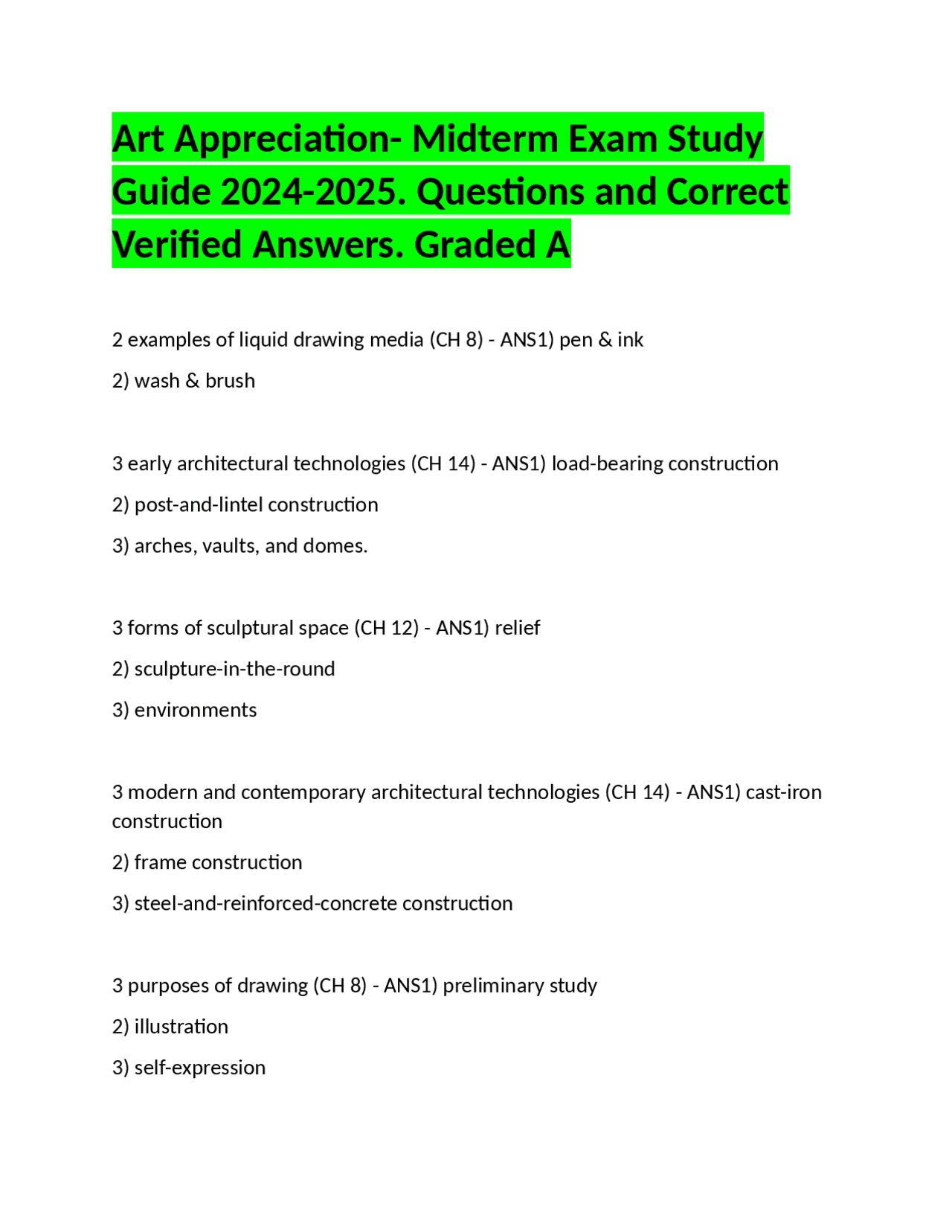 Art Appreciation- Midterm Exam Study Guide 2024-2025. Questions ...