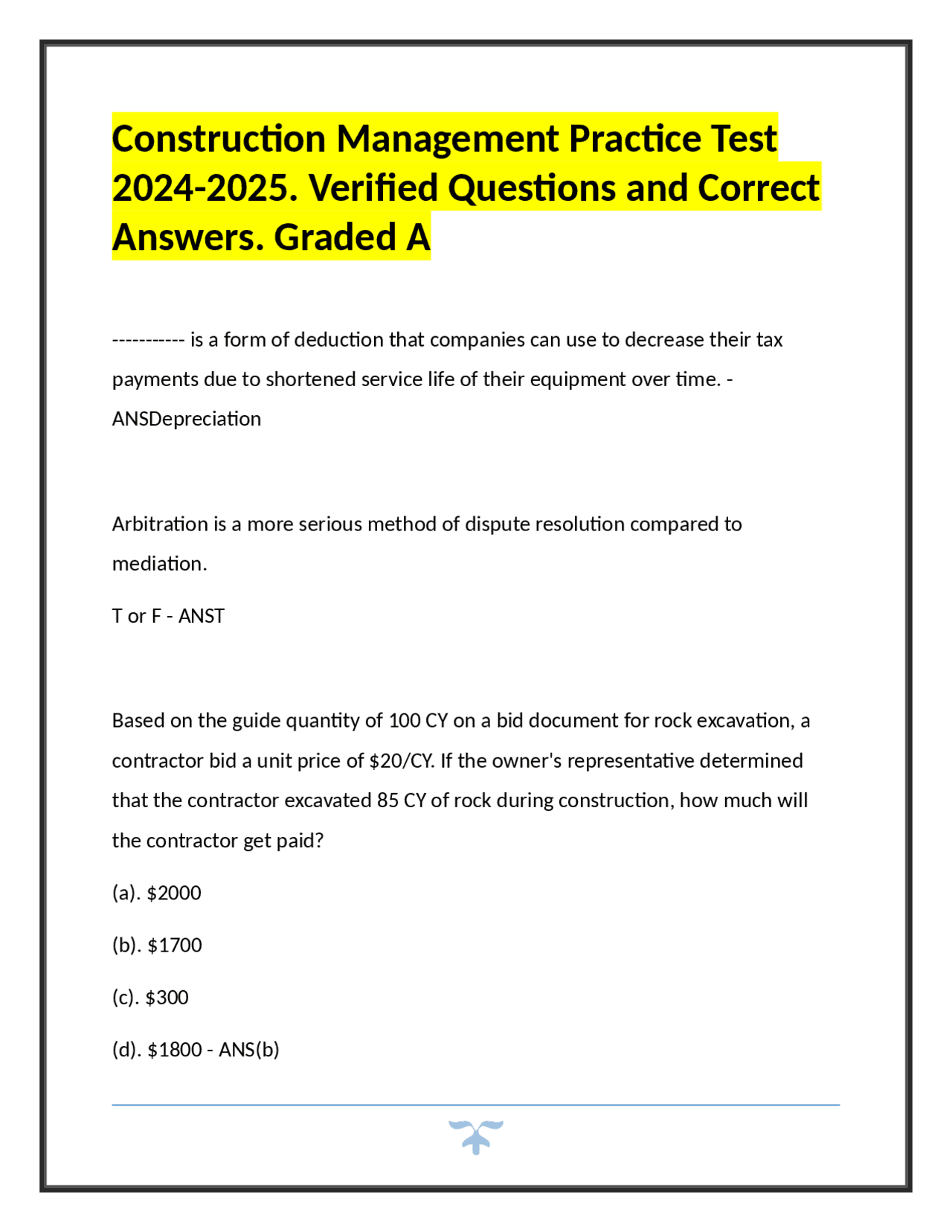 Construction Management Practice Test 2024-2025. Verified Questions and ...