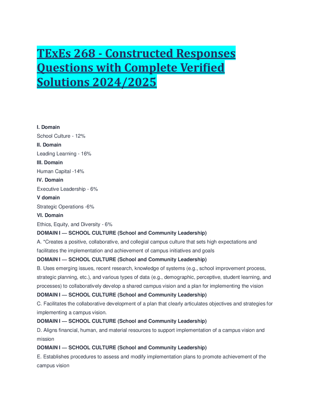TExEs 268 - Constructed Responses Questions with Complete Verified ...