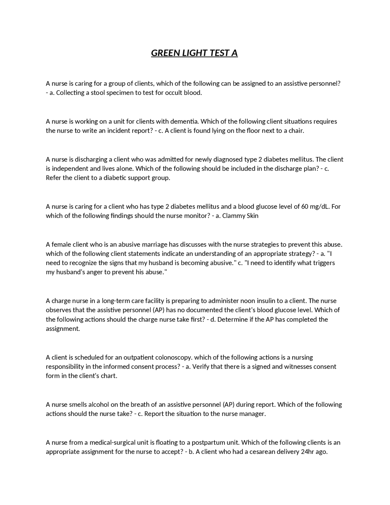 GREEN LIGHT TEST A STUDY GUIDE 2024 | Exams Advanced Education | Docsity