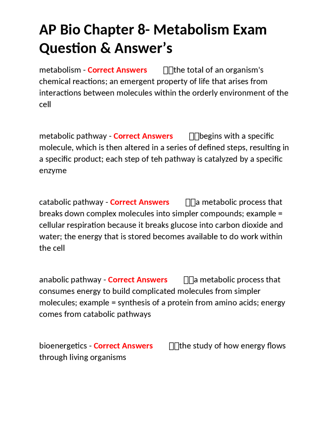 AP Bio Chapter 8- Metabolism Exam Question & Answer’s | Exams Nursing ...