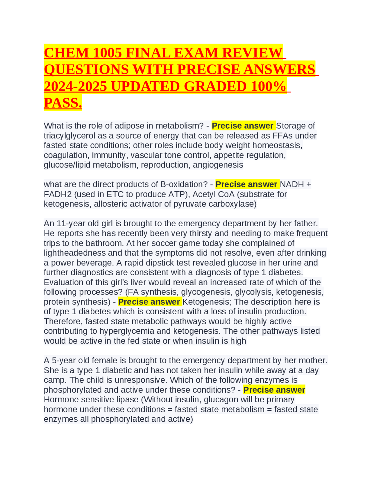 CHEM 1005 FINAL EXAM REVIEW QUESTIONS WITH PRECISE ANSWERS 2024-2025 ...