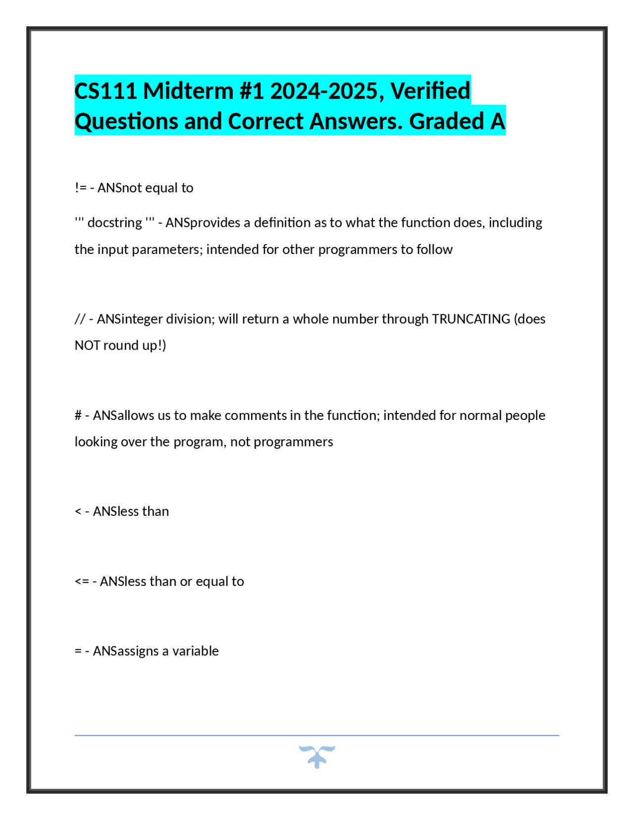 CS111 Midterm #1 2024-2025, Verified Questions and Correct Answers ...