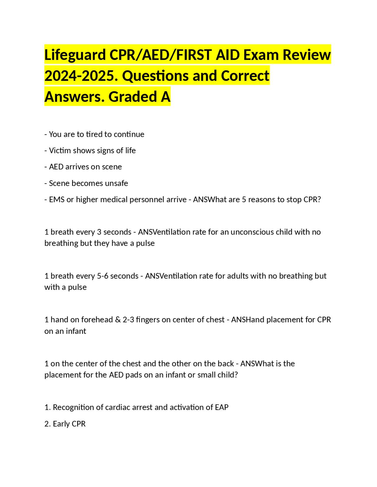 Lifeguard CPR/AED/FIRST AID Exam Review 2024-2025. Questions and Correct Answers. Graded A ...
