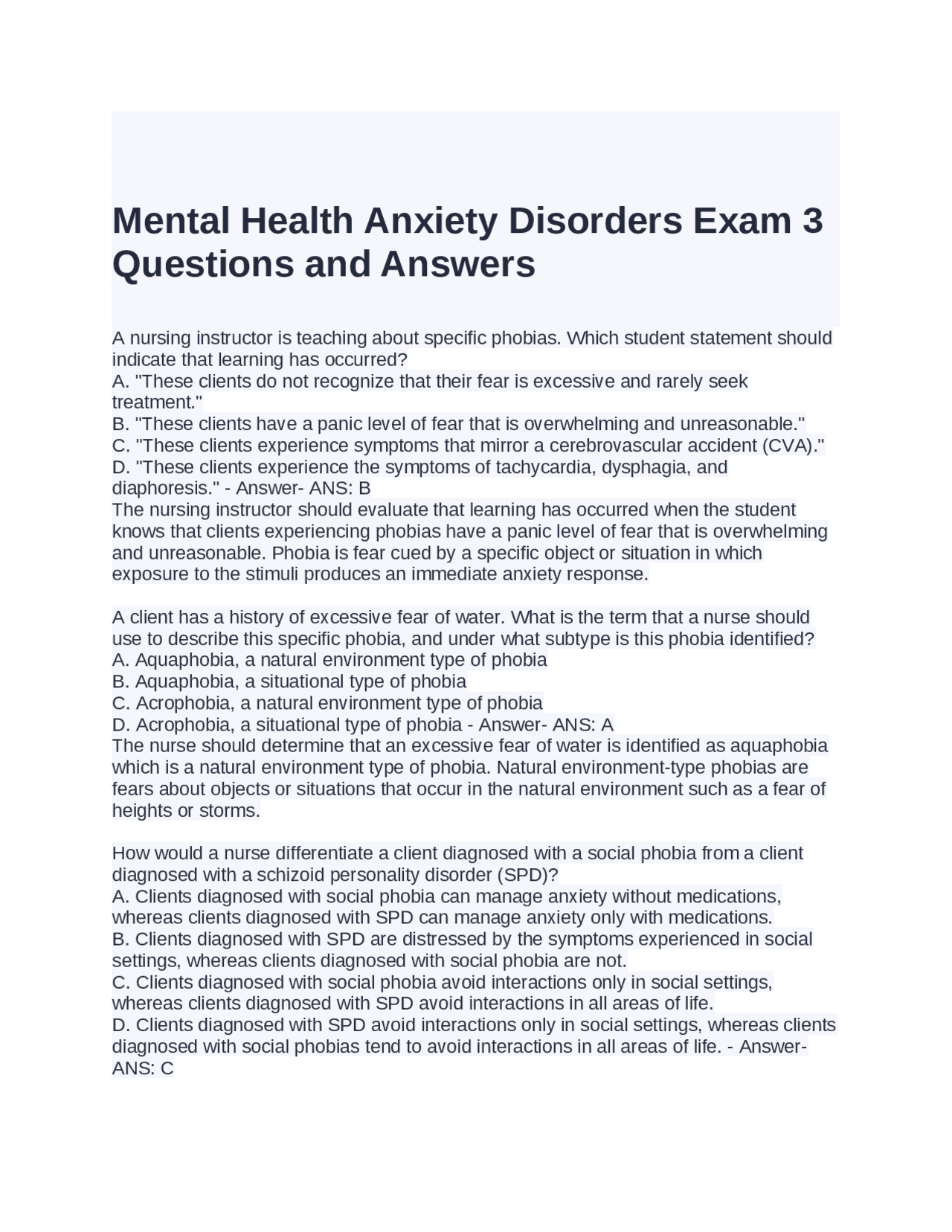 Mental Health Anxiety Disorders Exam 3 Questions and Answers | Exams ...
