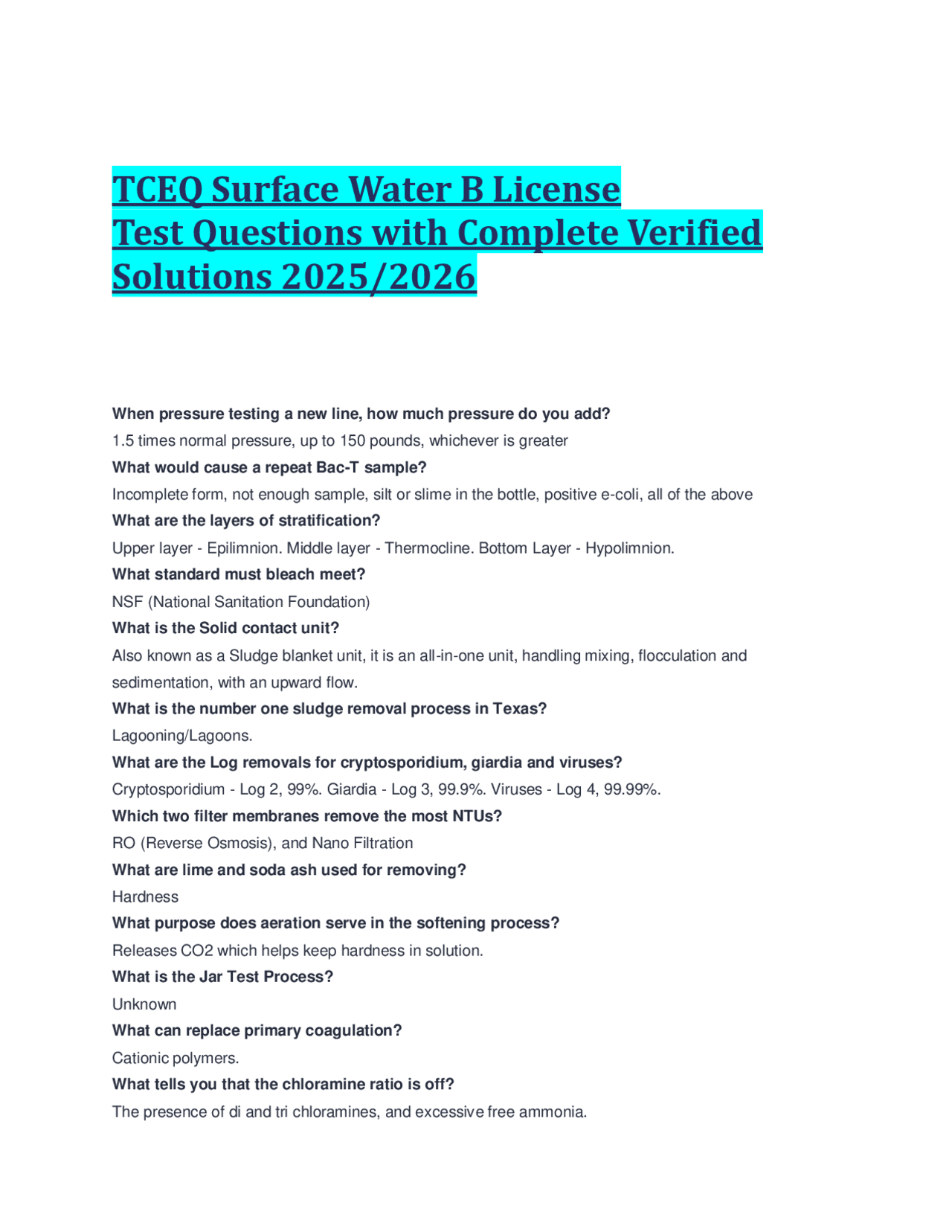 TCEQ Surface Water B License Test Questions with Complete Verified ...