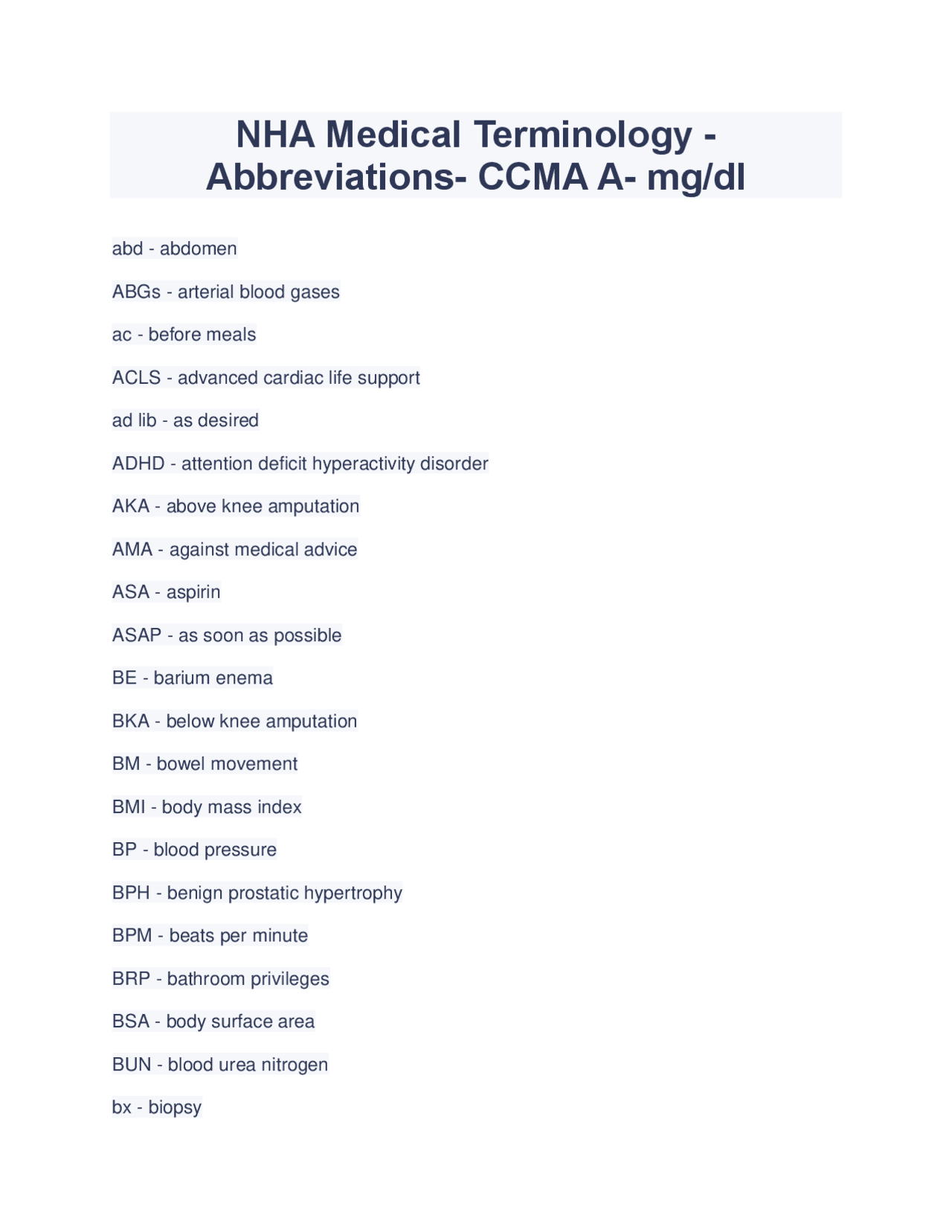 Nha Medical Terminology Abbreviations Ccma A Mgdl Exams Nursing