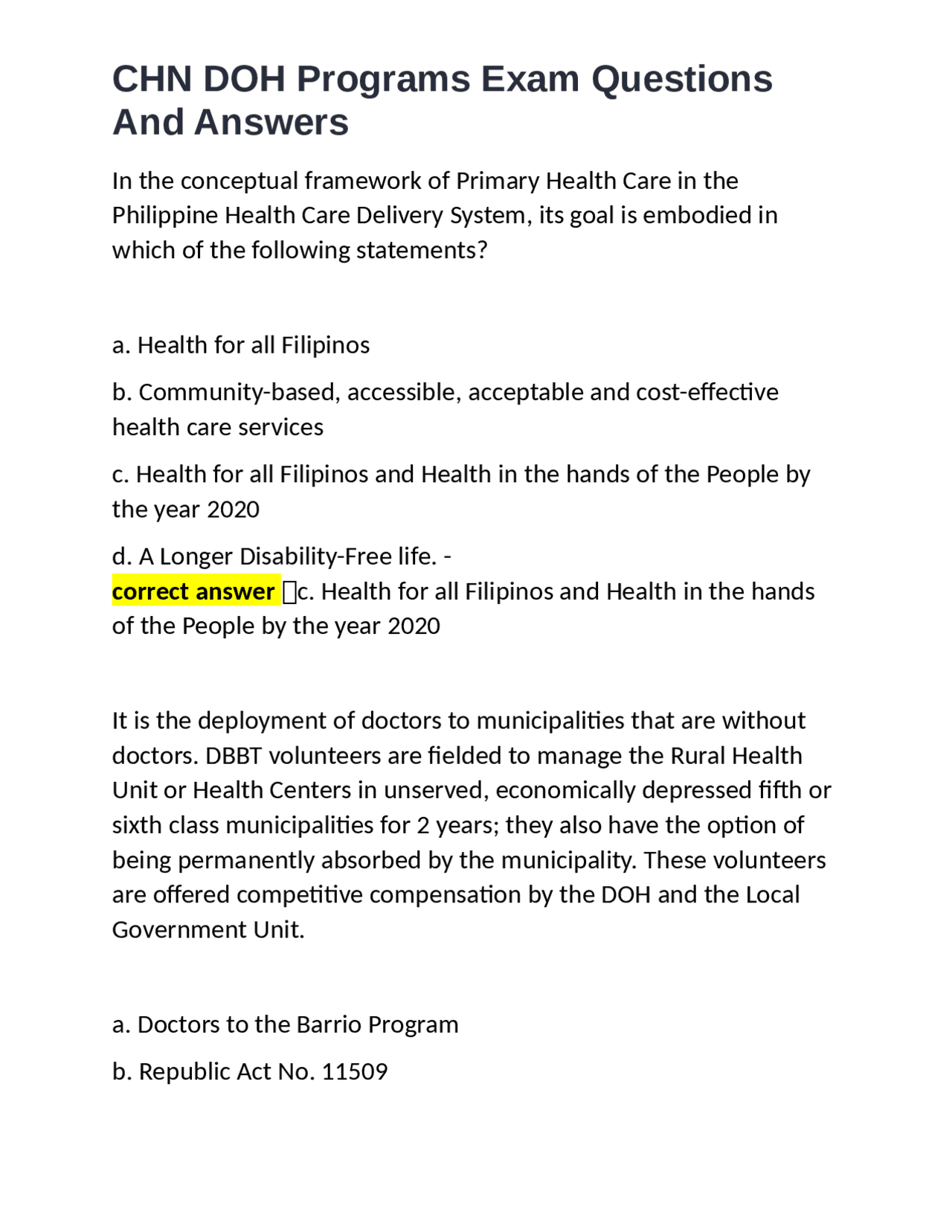 CHN DOH Programs Exam Questions And Answers | Exams Nursing | Docsity