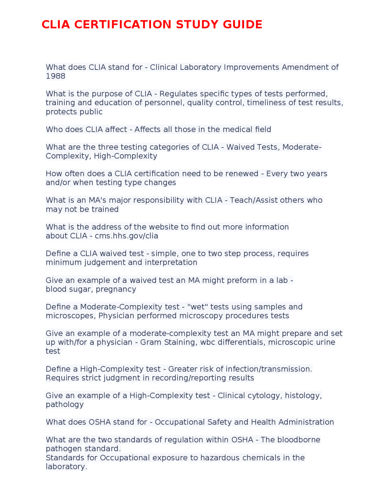 CLIA CERTIFICATION STUDY GUIDE | Exams Nursing | Docsity
