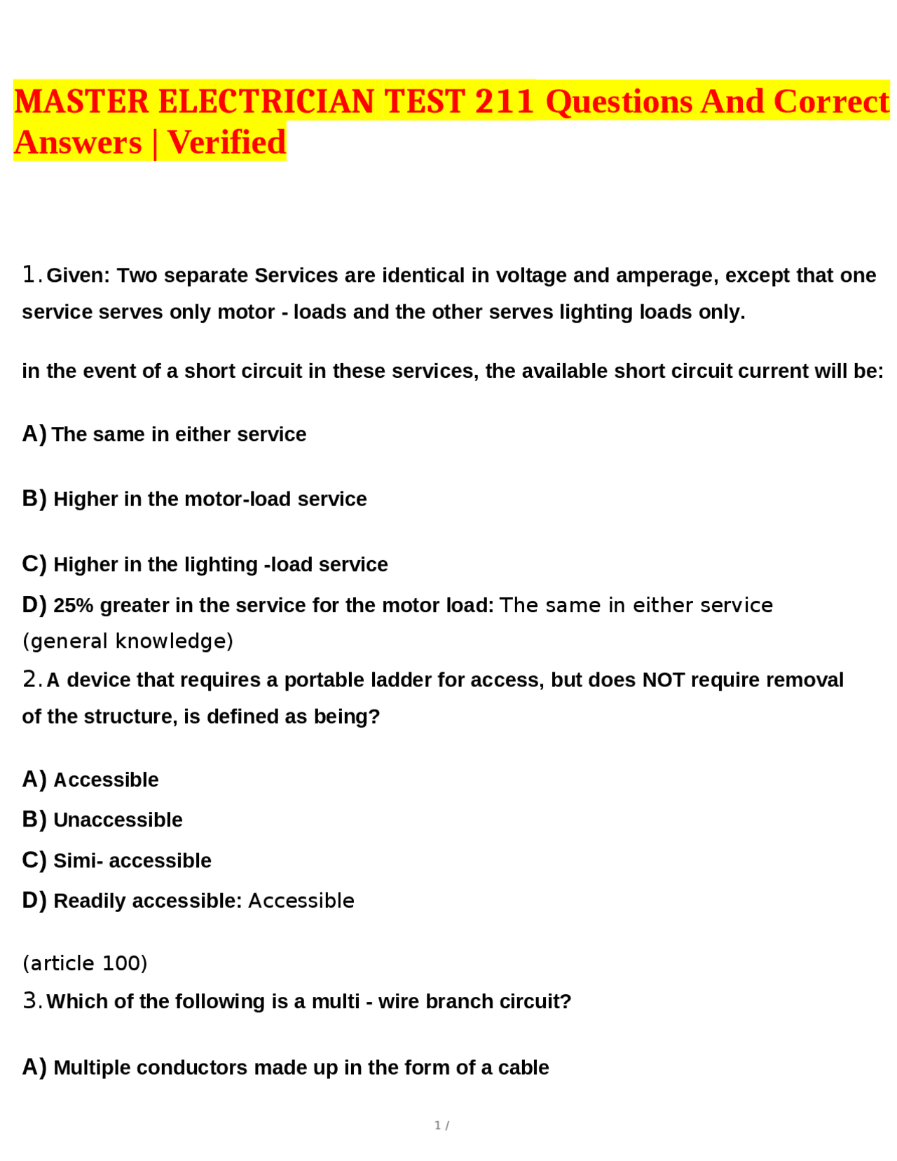 MASTER ELECTRICIAN TEST 211 Questions And Correct Answers | Verified ...