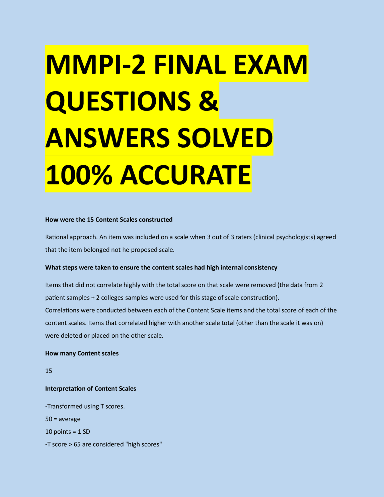 MMPI-2 FINAL EXAM QUESTIONS & ANSWERS SOLVED 100% ACCURATE | Exams ...