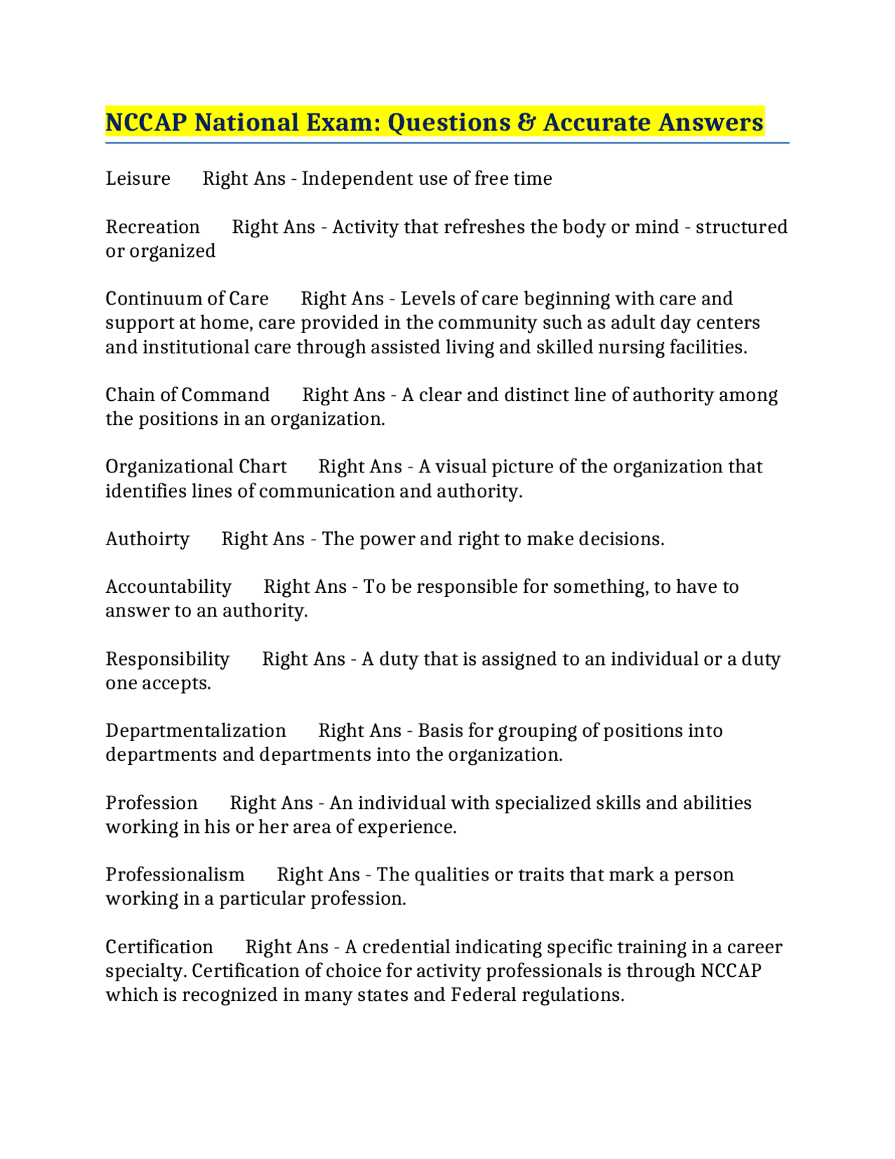 NCCAP National Exam: Leisure, Recreation, & Long-Term Care Questions ...
