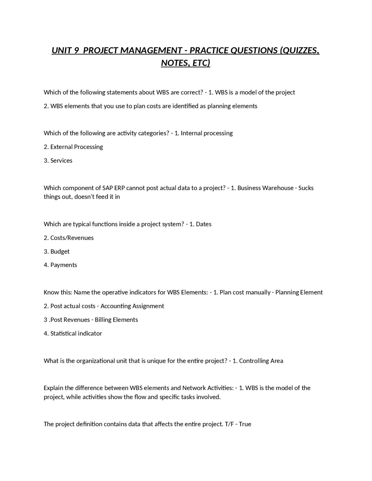 UNIT 9 PROJECT MANAGEMENT - PRACTICE QUESTIONS (QUIZZES, NOTES, ETC ...