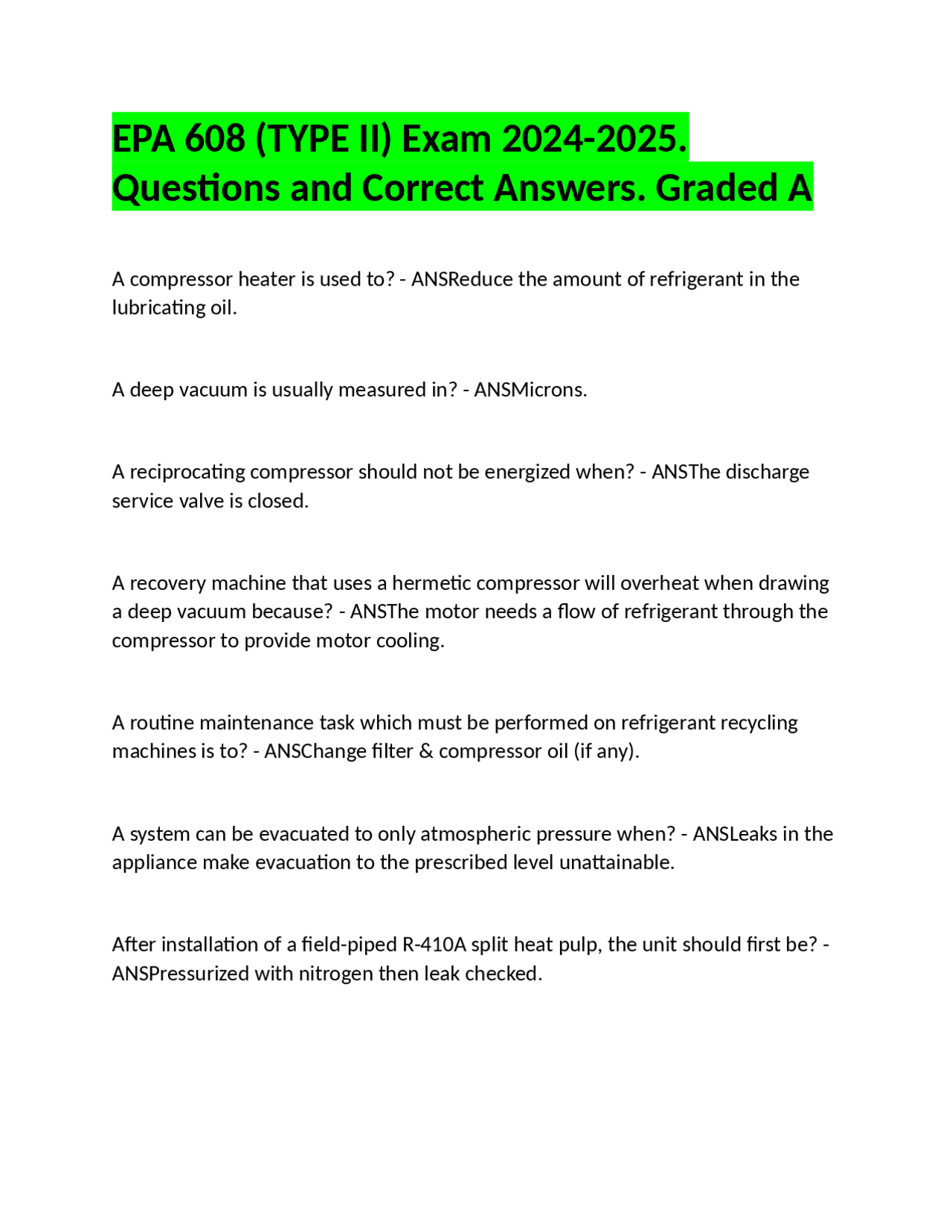 EPA 608 (TYPE II) Exam 2024-2025. Questions and Correct Answers. Graded ...