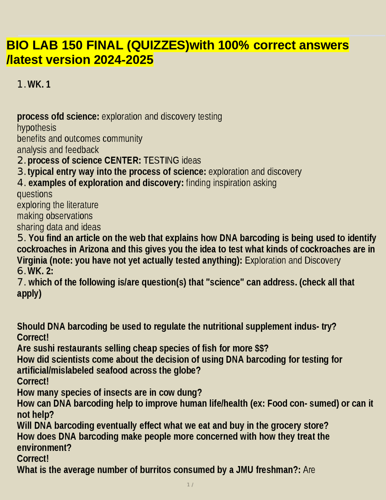 BIO LAB 150 FINAL (QUIZZES)with 100% correct answers /latest version ...