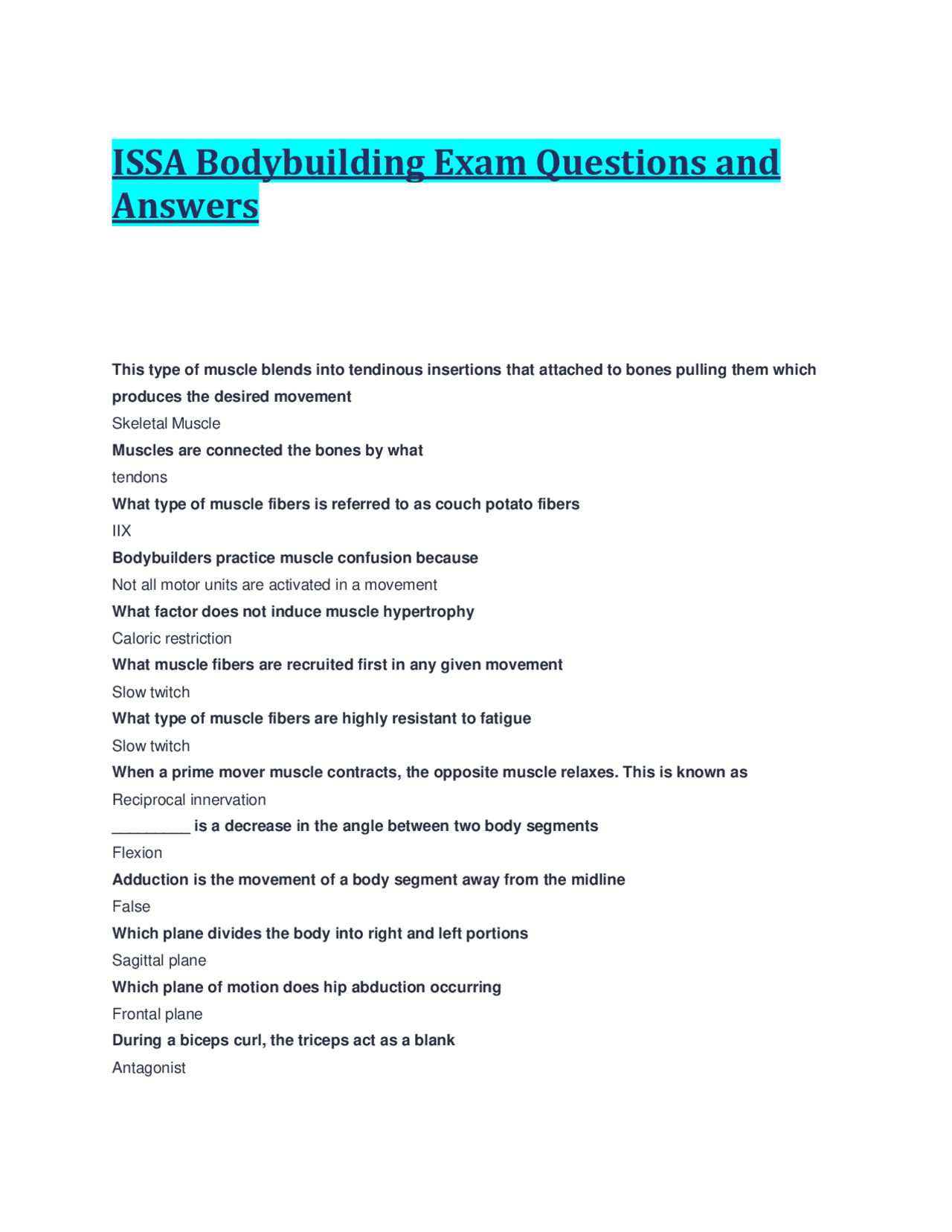 ISSA Bodybuilding Exam Questions and Answers | Exams Health sciences ...