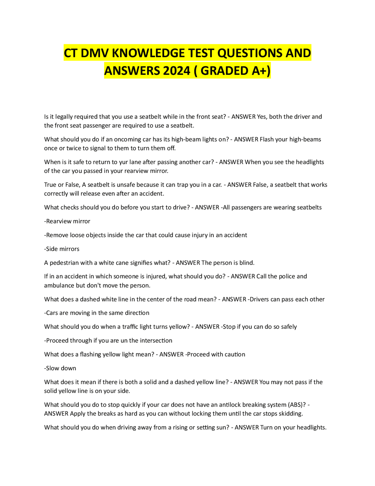 CT DMV KNOWLEDGE TEST QUESTIONS AND ANSWERS 2024 ( GRADED A+) | Exams ...