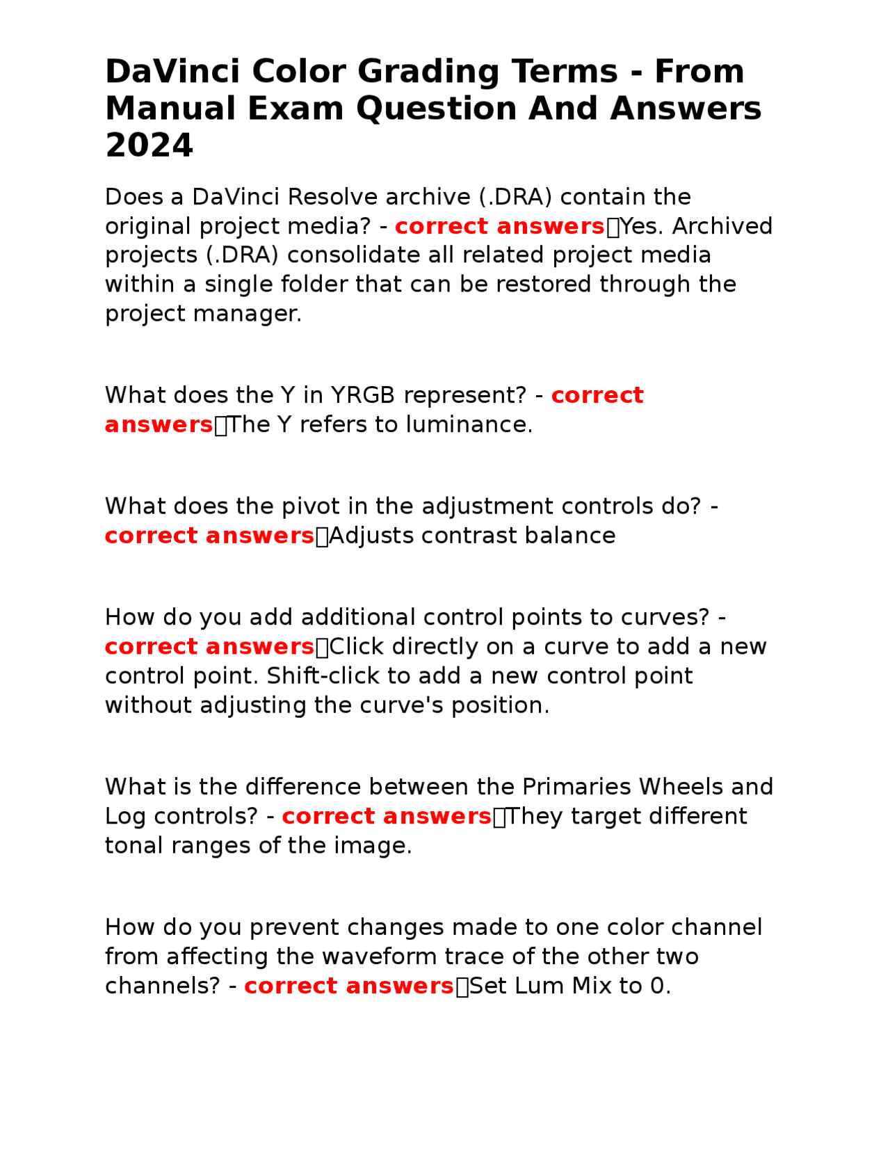 DaVinci Color Grading Terms - From Manual Exam Question And Answers ...