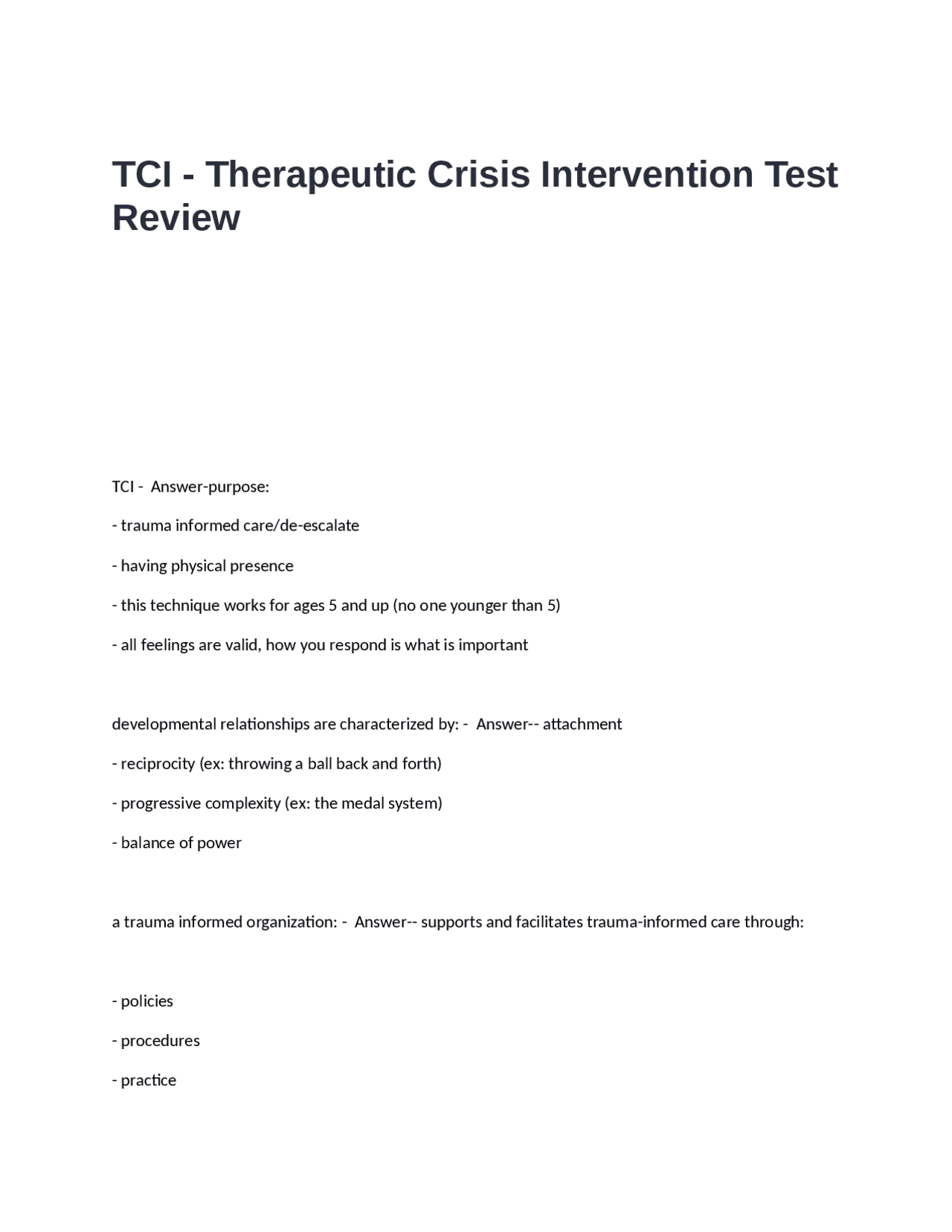 TCI - Therapeutic Crisis Intervention Test Review Questions and Answers ...