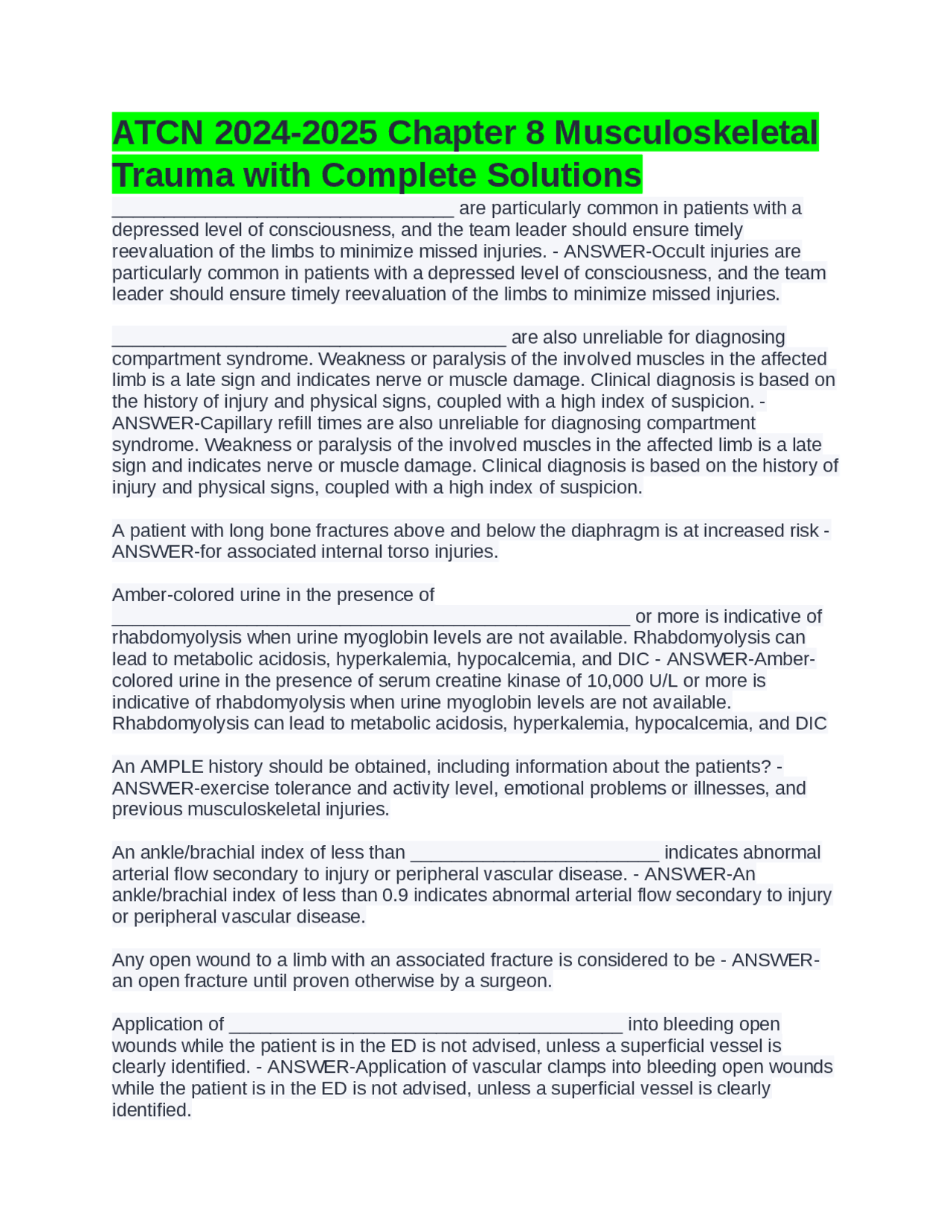 ATCN 2024-2025 Chapter 8 Musculoskeletal Trauma | Exams Nursing | Docsity