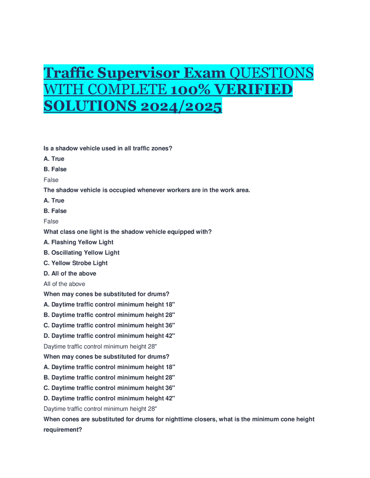 Traffic Supervisor Exam QUESTIONS WITH COMPLETE 100% VERIFIED SOLUTIONS ...