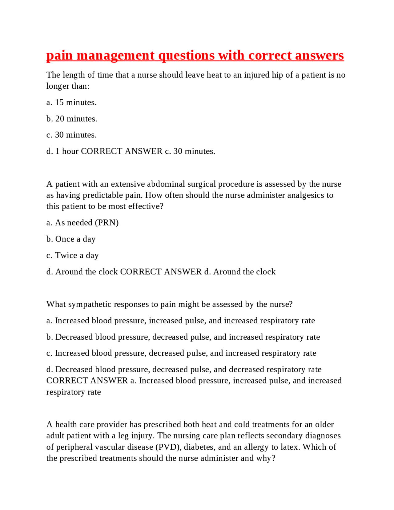 pain management questions with correct answers | Exams Nursing | Docsity
