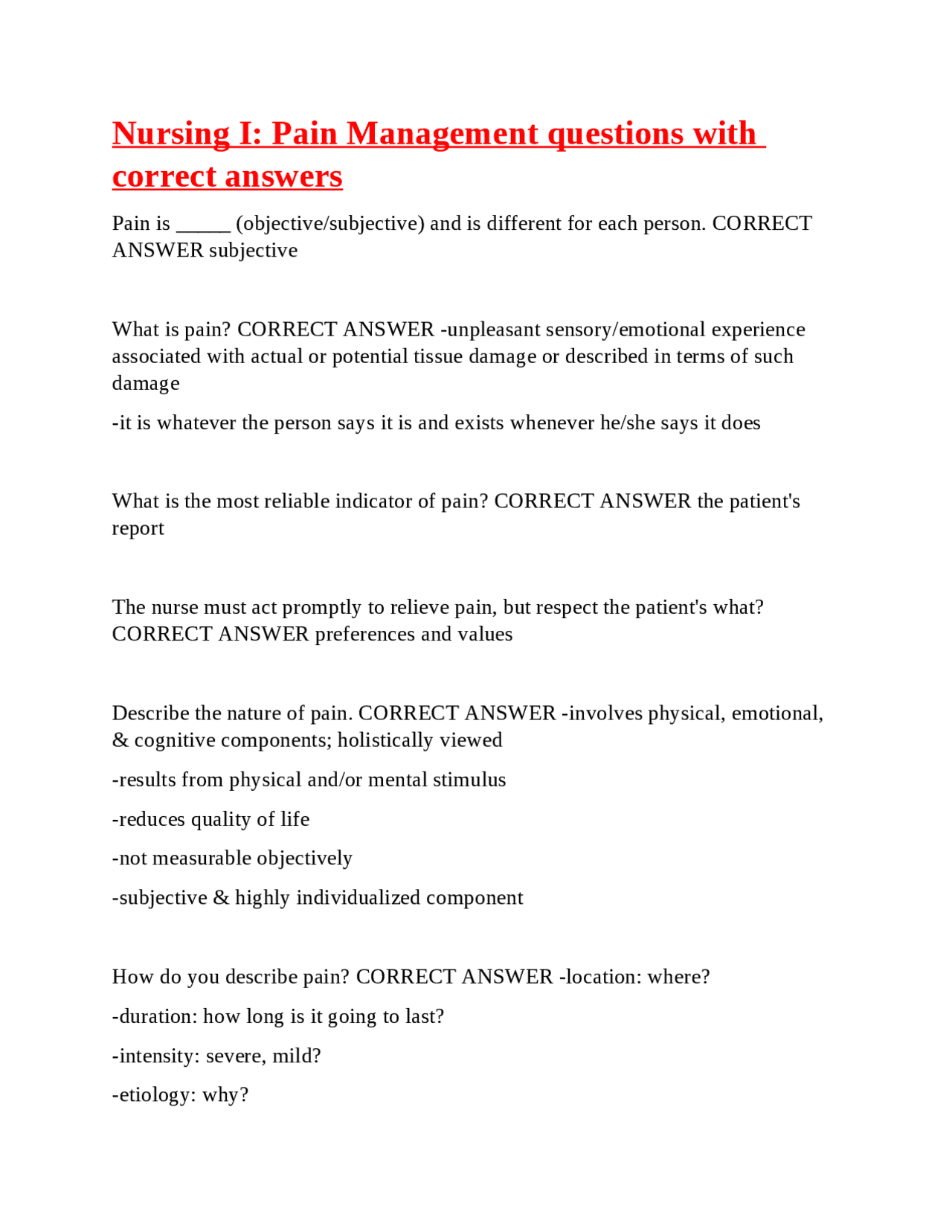 Nursing I: Pain Management questions with correct answers | Exams ...