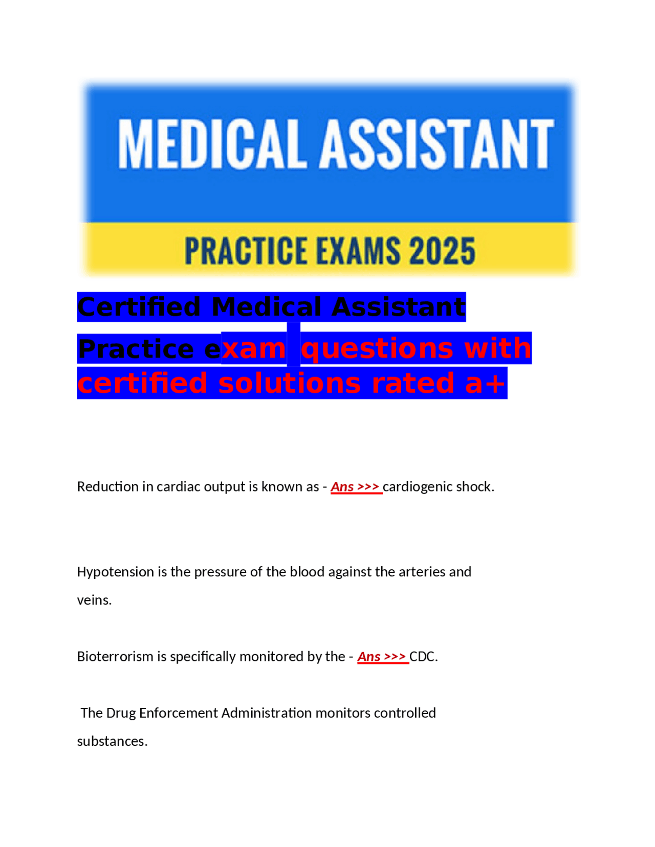 Certified Medical Assistant Practice exam questions with certified ...