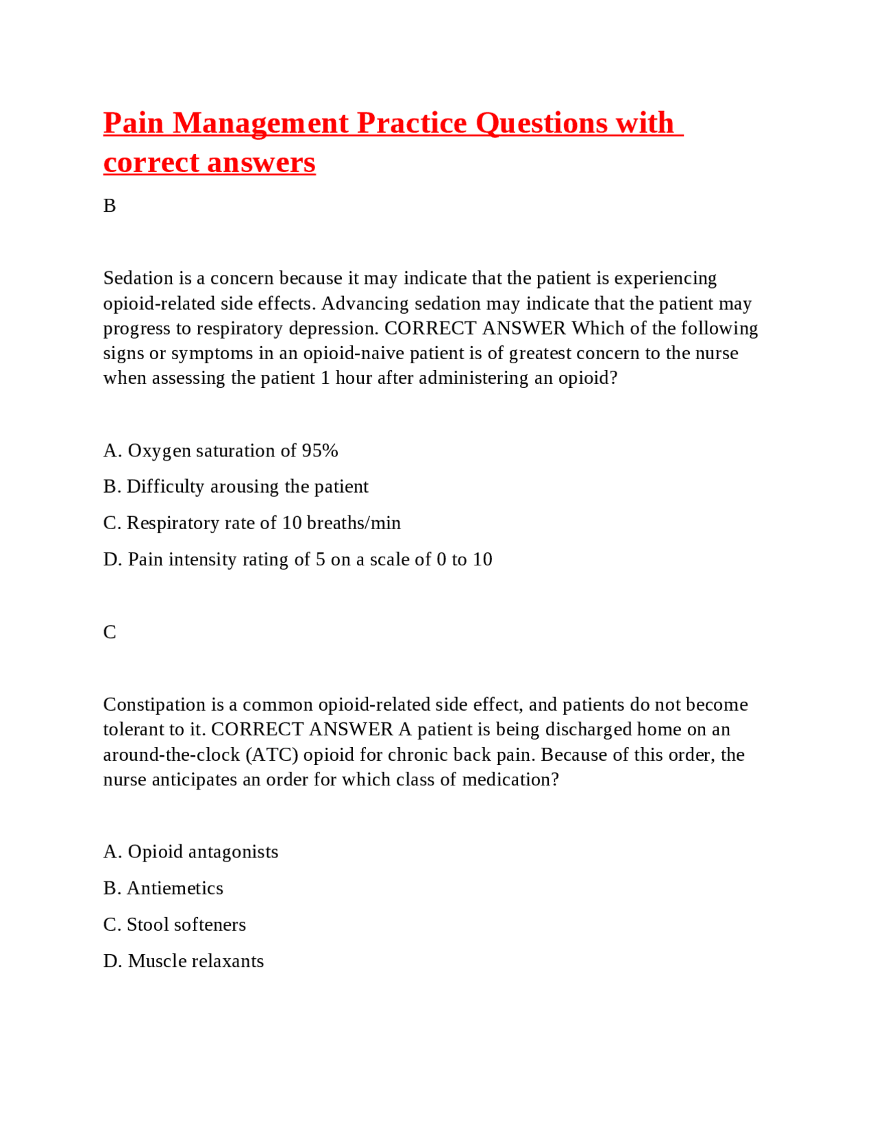 Pain Management Practice Questions with correct answers | Exams Nursing ...