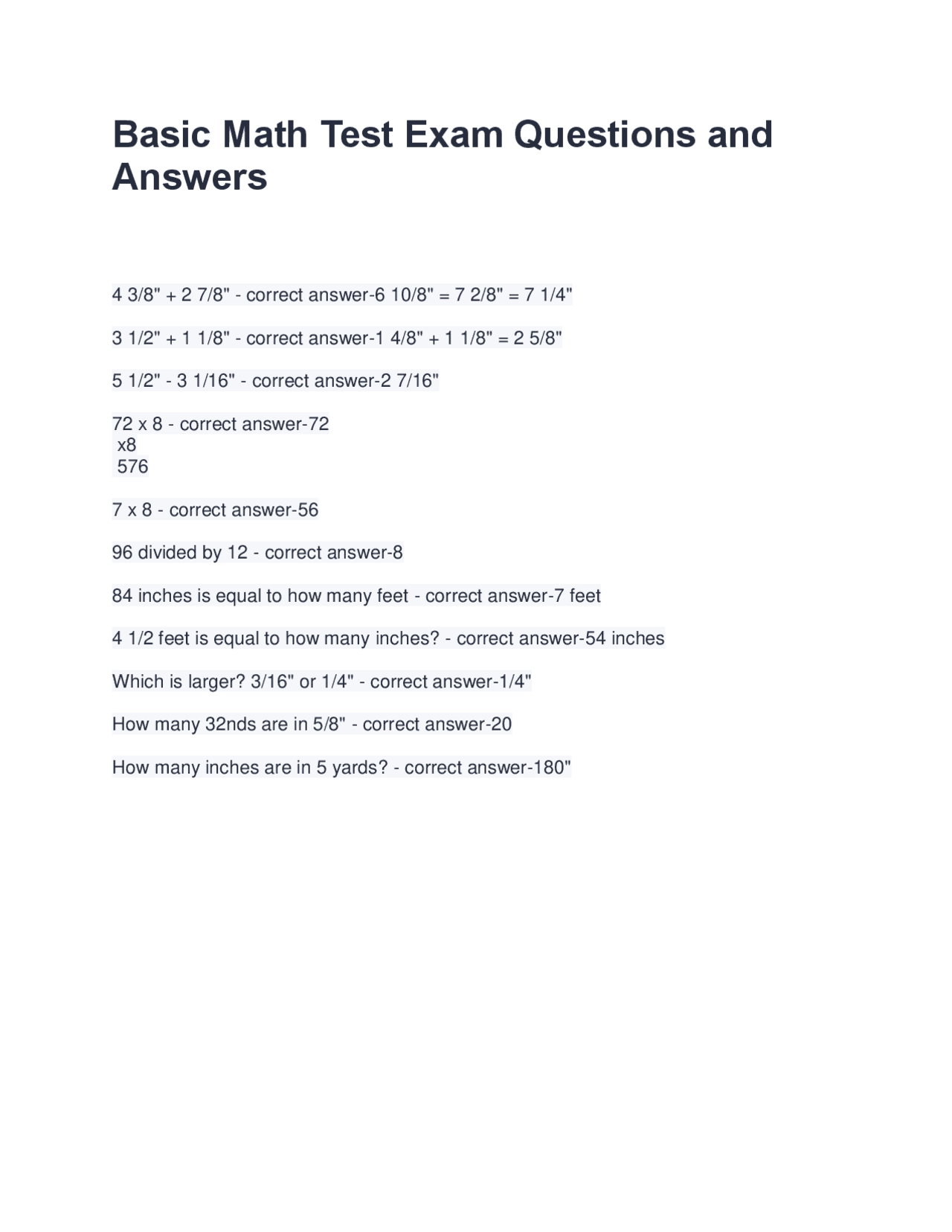 Basic Math TestBasic Math Test | Exams Advanced Education | Docsity