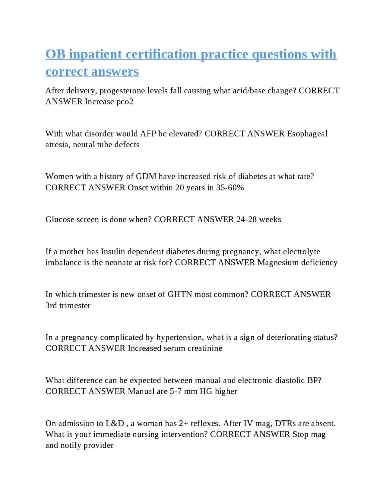OB inpatient certification practice questions with correct answers ...