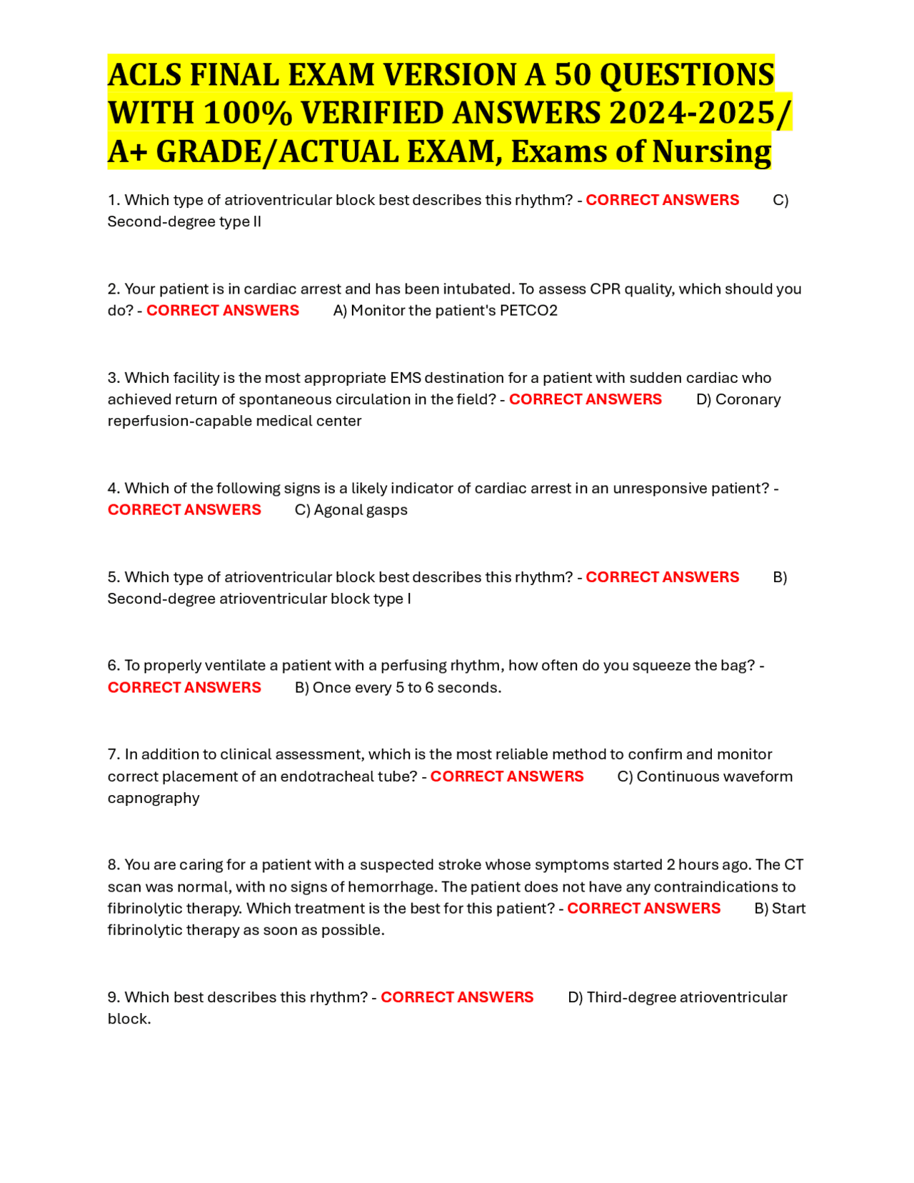ACLS FINAL EXAM VERSION A 50 QUESTIONS WITH 100% VERIFIED ANSWERS 2024 ...