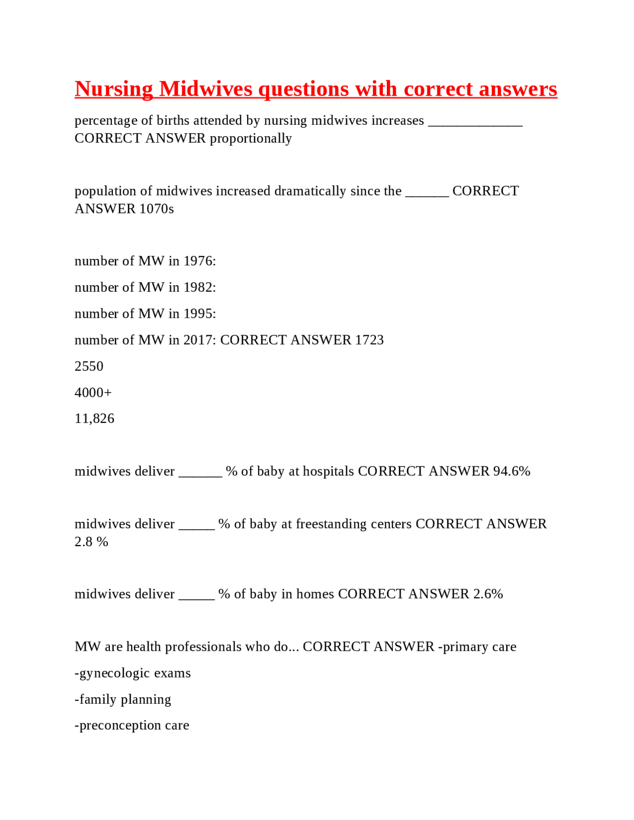 Nursing Midwives questions with correct answers | Exams Nursing | Docsity