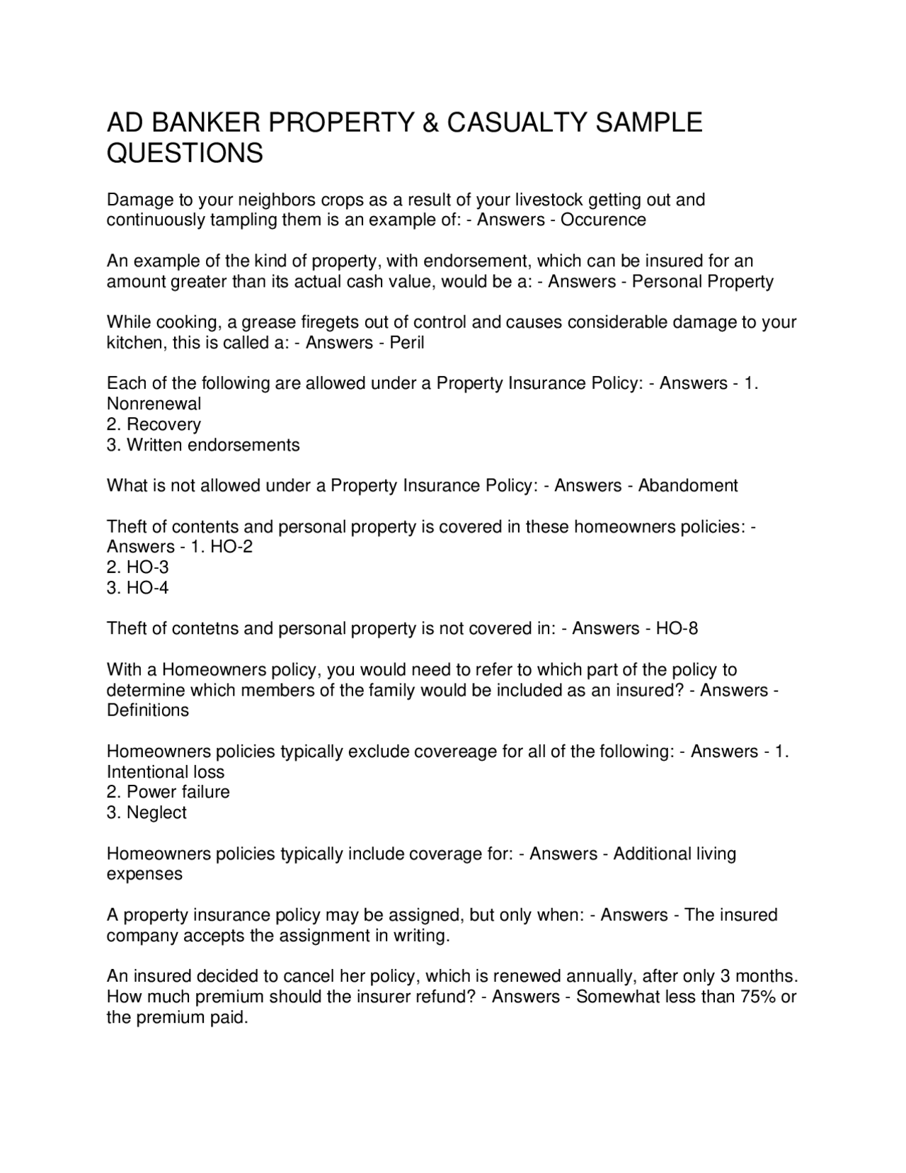 AD BANKER PROPERTY & CASUALTY SAMPLE QUESTION AND ANSWERS | Exams ...