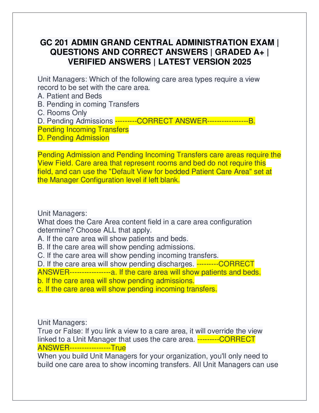 GC 201 ADMIN GRAND CENTRAL ADMINISTRATION EXAM: Questions and Answers ...