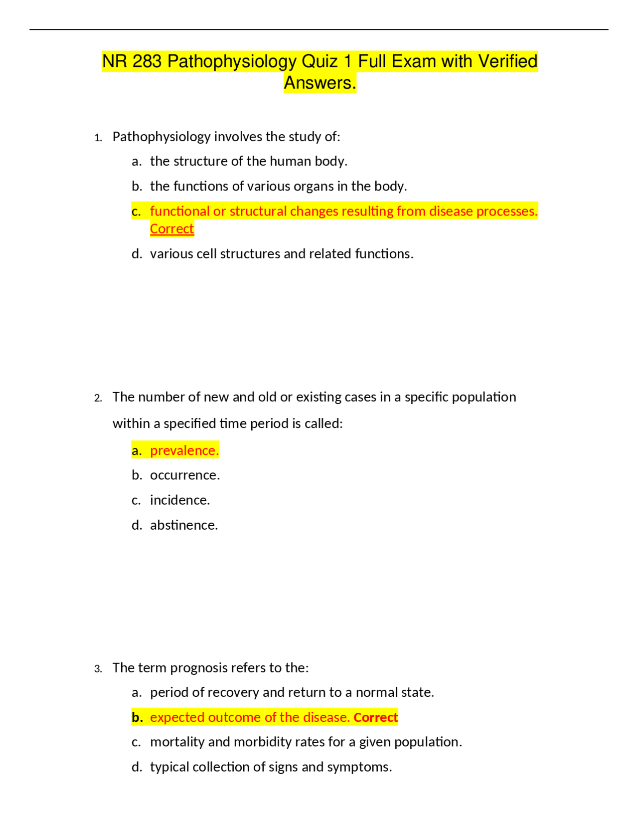 NR 283 Pathophysiology Quiz 1 Full Exam with Verified Answers. | Exams ...